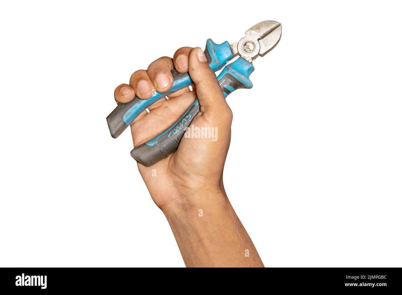 Worker's caucasian male hand holding a plier tool, composition isolated ...