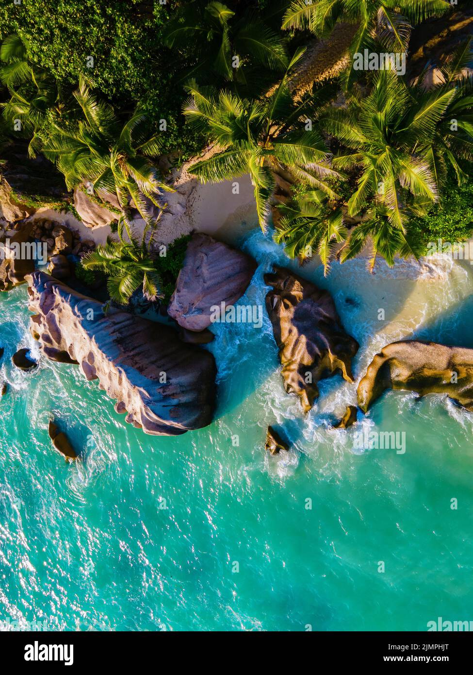 Anse Source d'Argent beach, La Digue Island, Seyshelles, Drone aerial ...