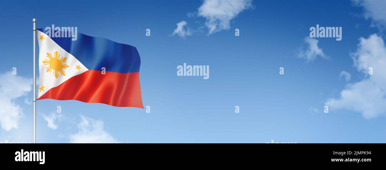 Philippines flag isolated on a blue sky. Horizontal banner Stock Photo ...
