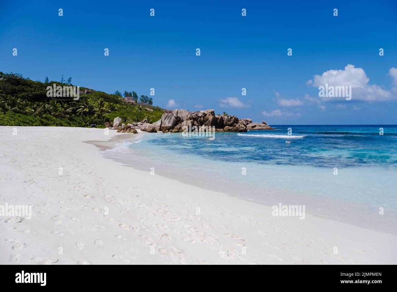 Anse Cocos beach, La Digue Island, Seyshelles, Drone aerial view of La ...