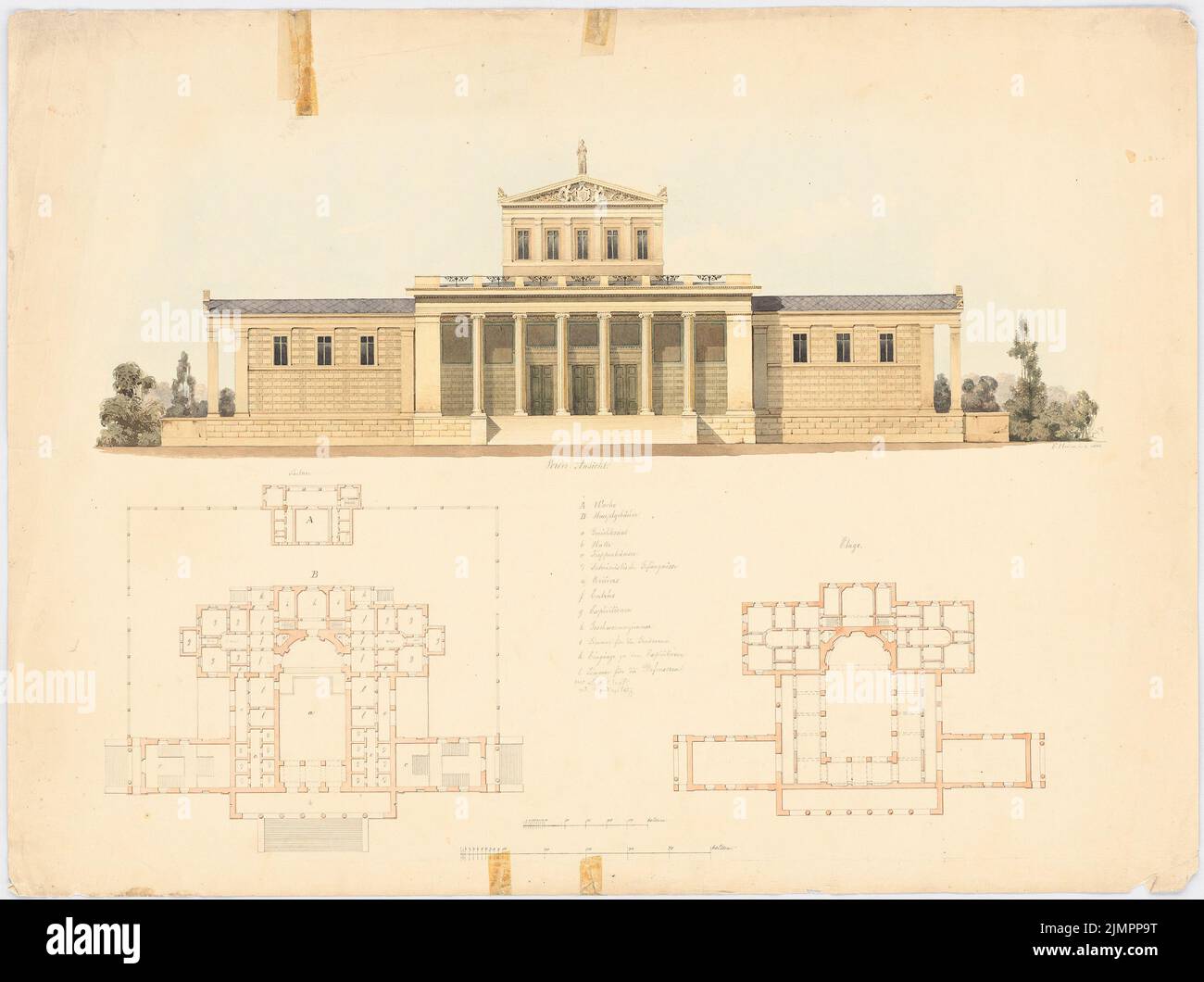 Heise F., Court (1848): front view, floor plan eG, OG, scale in Ellen ...
