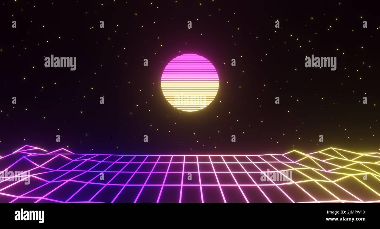 3d render, neon glowing geometric shape, retro wireframe poster Stock ...