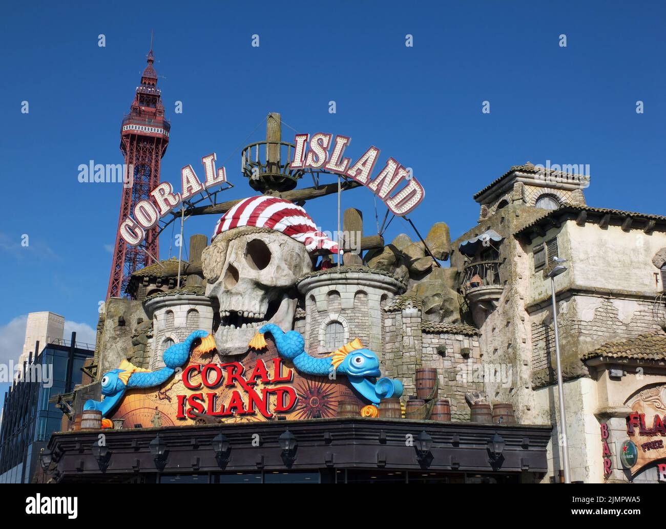 Pirate themed sign above the coral island fun park and casino in ...