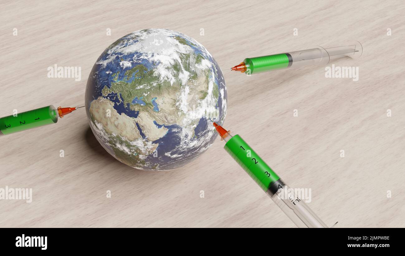 Medical syringe with a needle vaccinated the planet Earth. 3D rendering ...