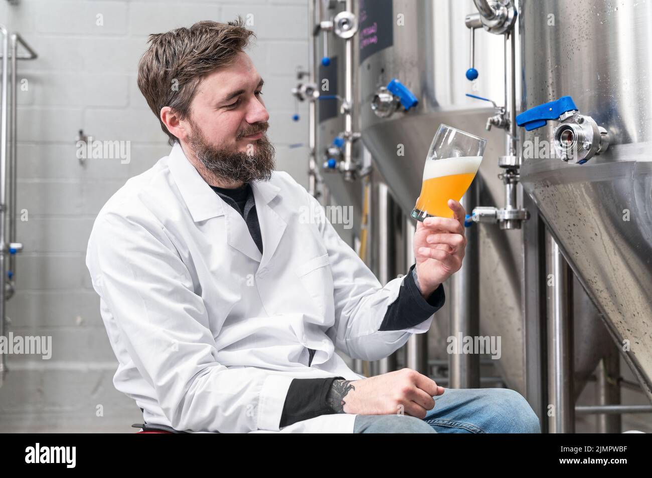 Brewer wearing white coat controlling process of beer fermentation ...