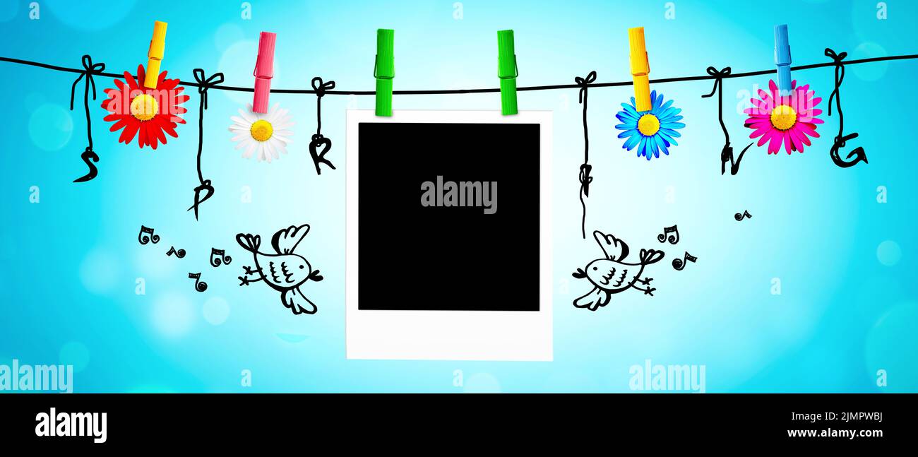 Flowers and polaroid frame with word spring. Creative floral ...