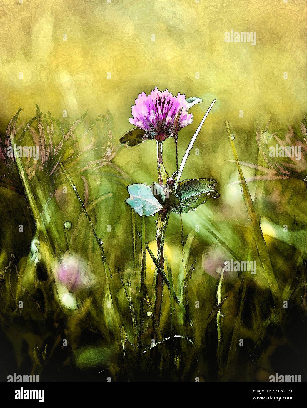 Watercolour painting of a red clover against a background of green ...