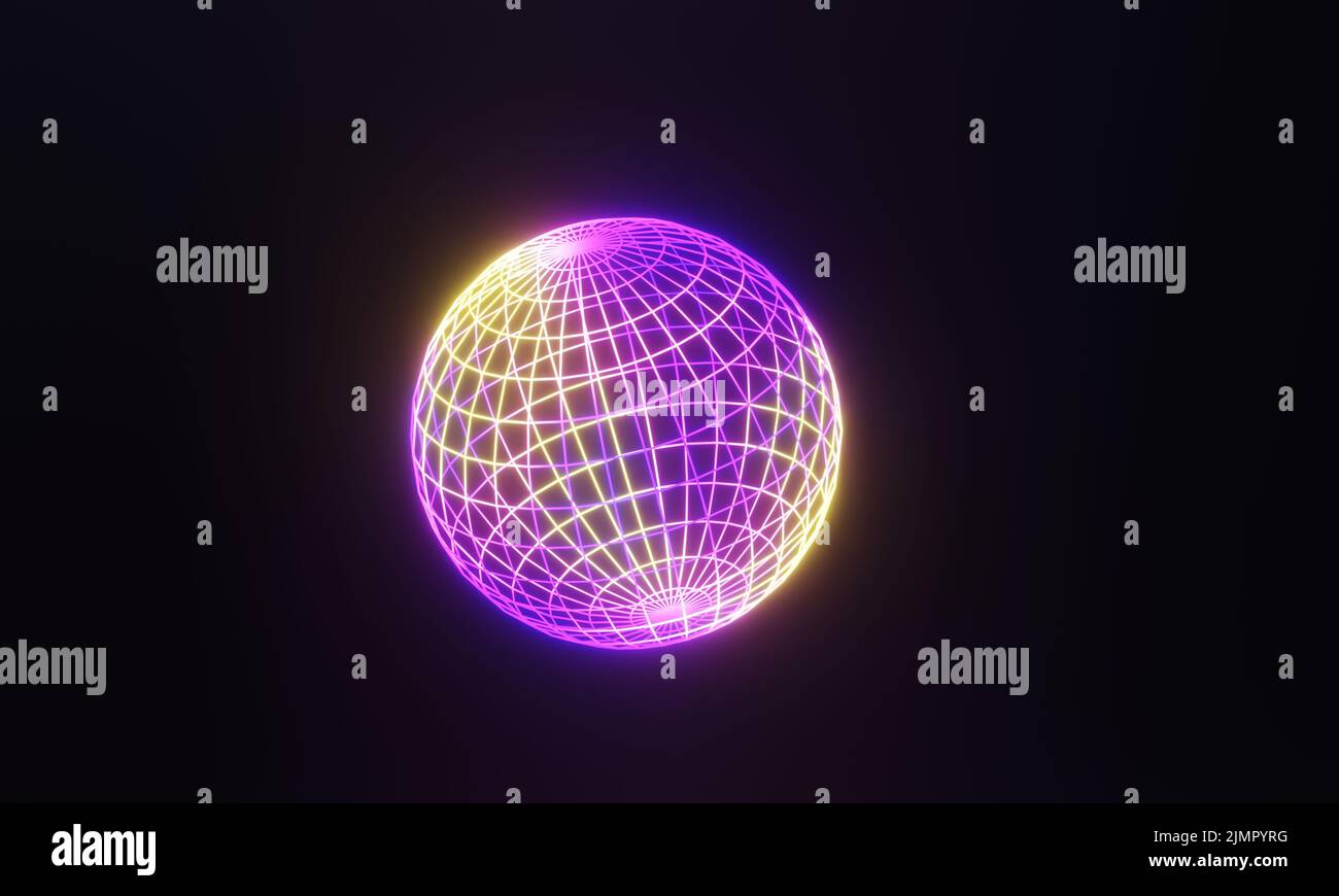 3d render, neon glowing geometric shape, retro wireframe poster Stock ...