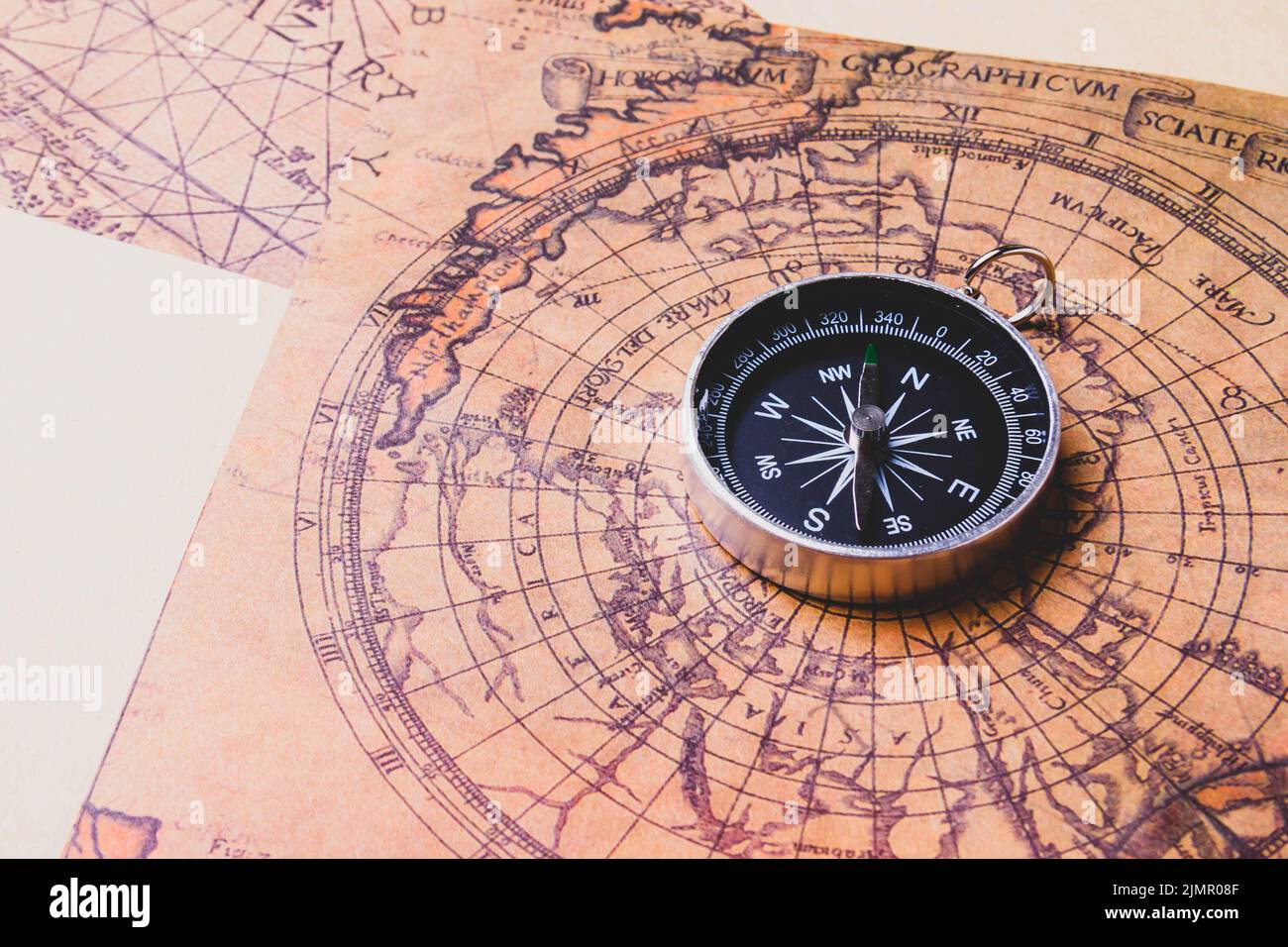 Looking for adventure. Compass and maps. Treasure map and path to the ...