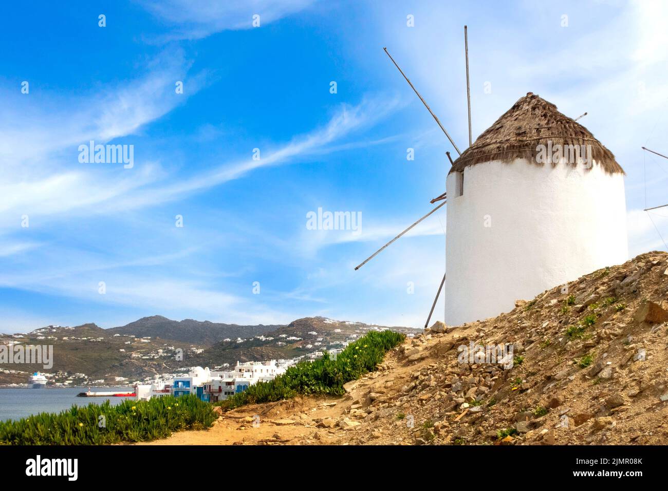 Traditional greek windmills, Mykonos island, Cyclades, Greece Stock ...