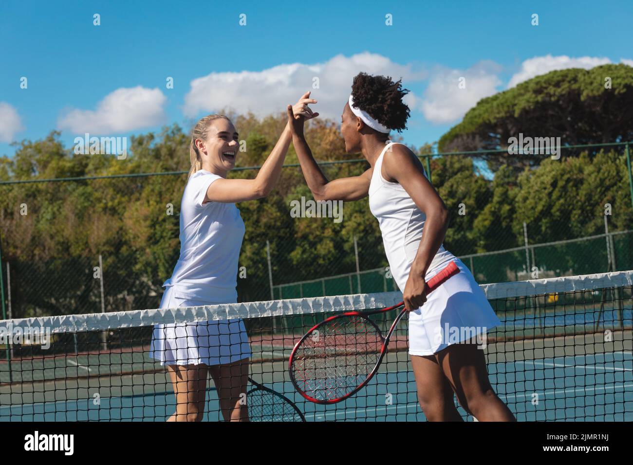 Happy young multiracial female tennis players giving high-five over net ...
