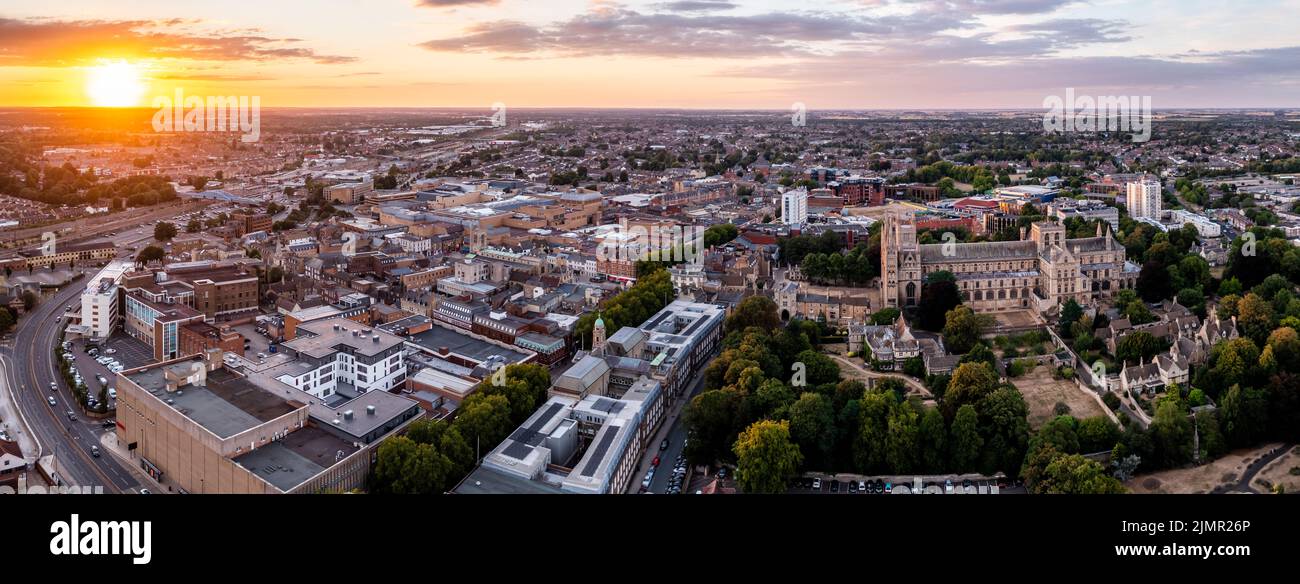PETERBOROUGH, UK - AUGUST 4, 2022. An aerial panorama cityscape of ...