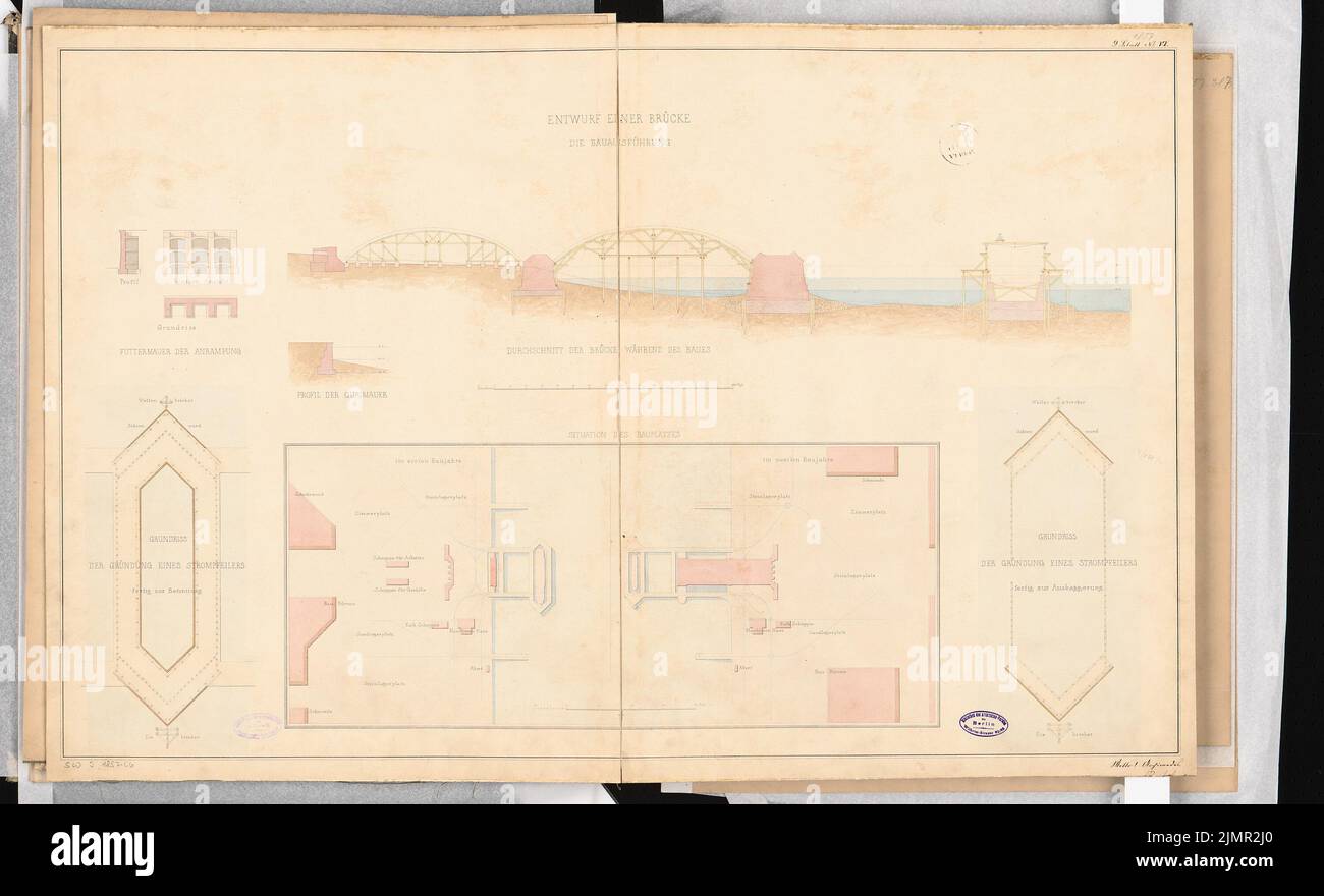 Hesse Rudolf (1829-1886), massive arched bridge. Schinkel competition ...