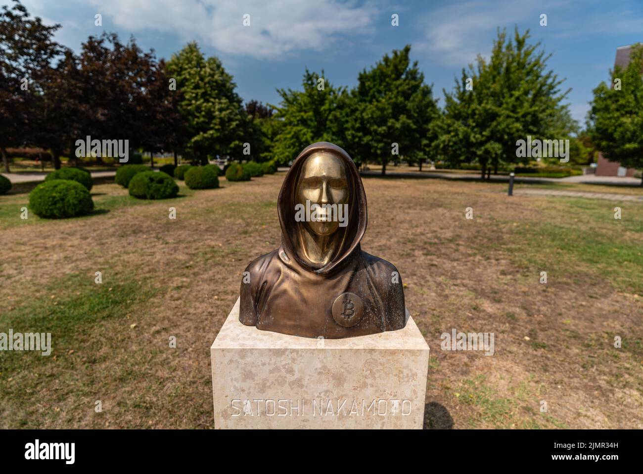 Budapest, Hungary -August 7, .2022: Portrait of the statue of Satoshi ...