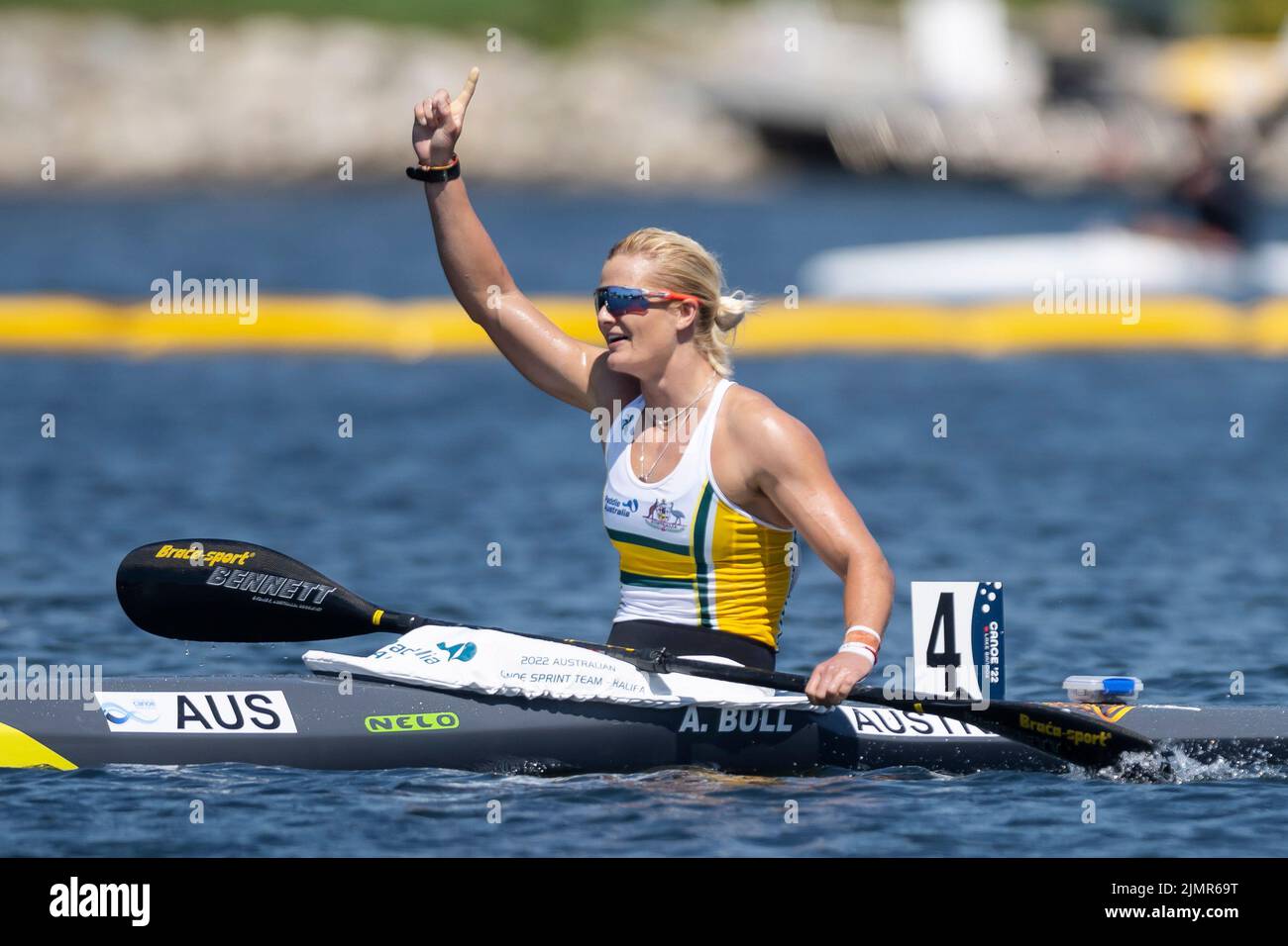 Alyssa Bull, of Australia, reacts after winning gold in the K1 women ...