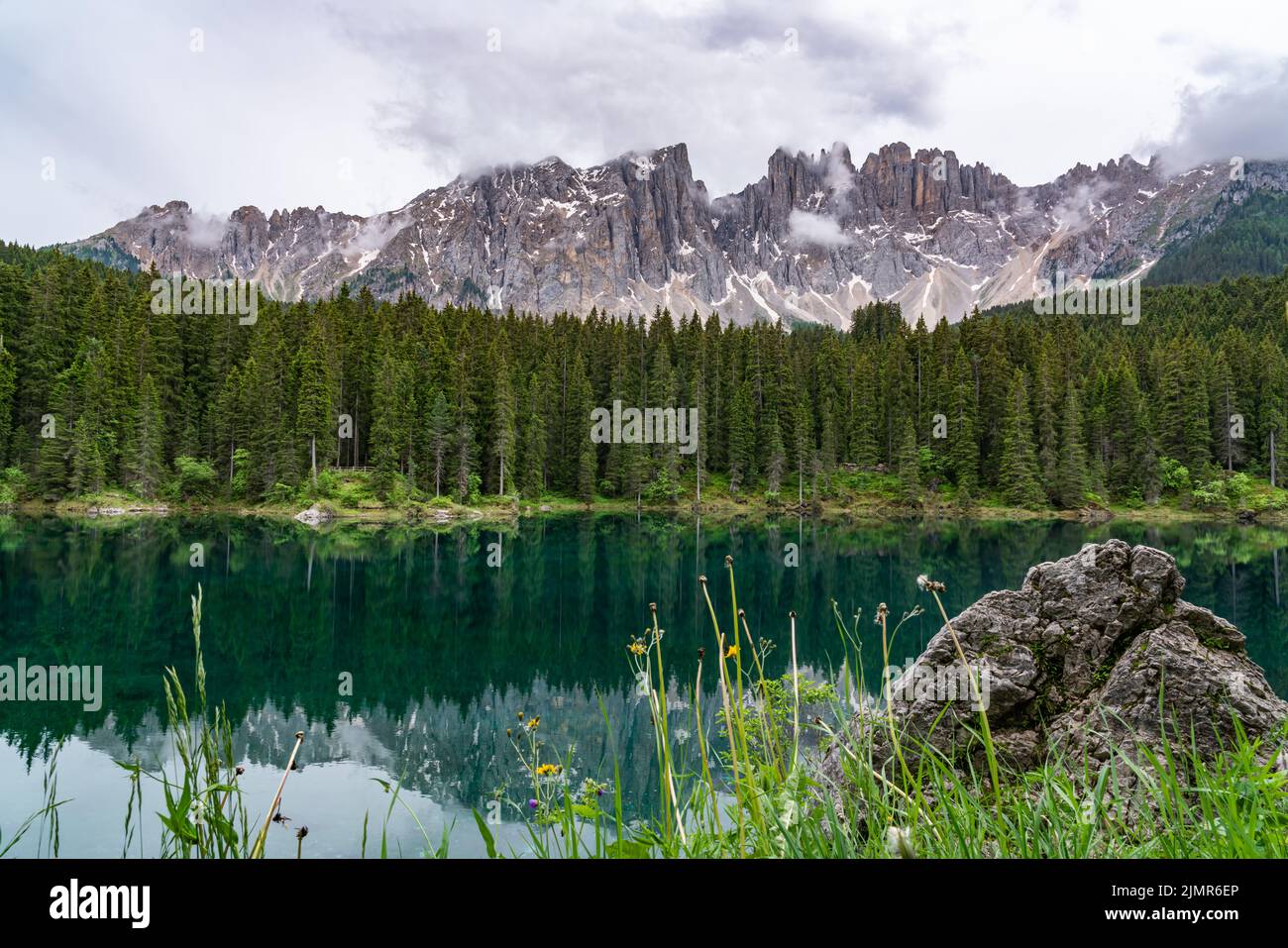 Landscape of Rainbow Lake Carezza in the Dolomites of the Val d'Ega ...