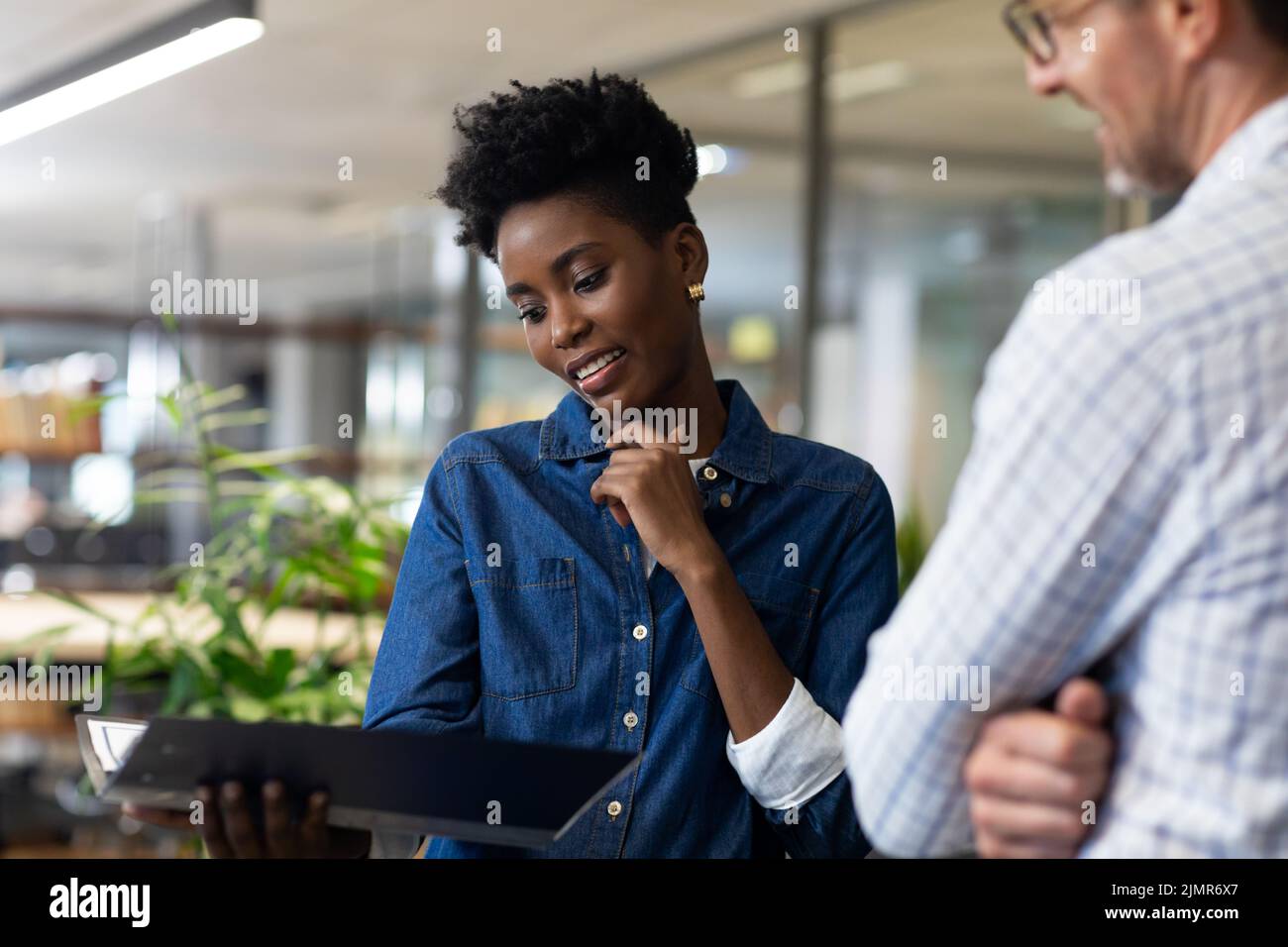 Smiling african american businesswoman discussing over file with ...