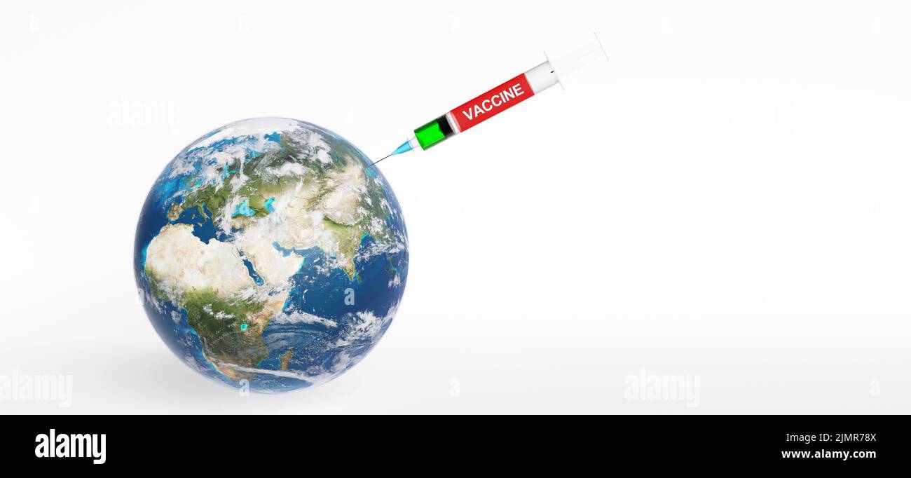 Medical syringe with a needle vaccinated the planet Earth. 3D rendering ...