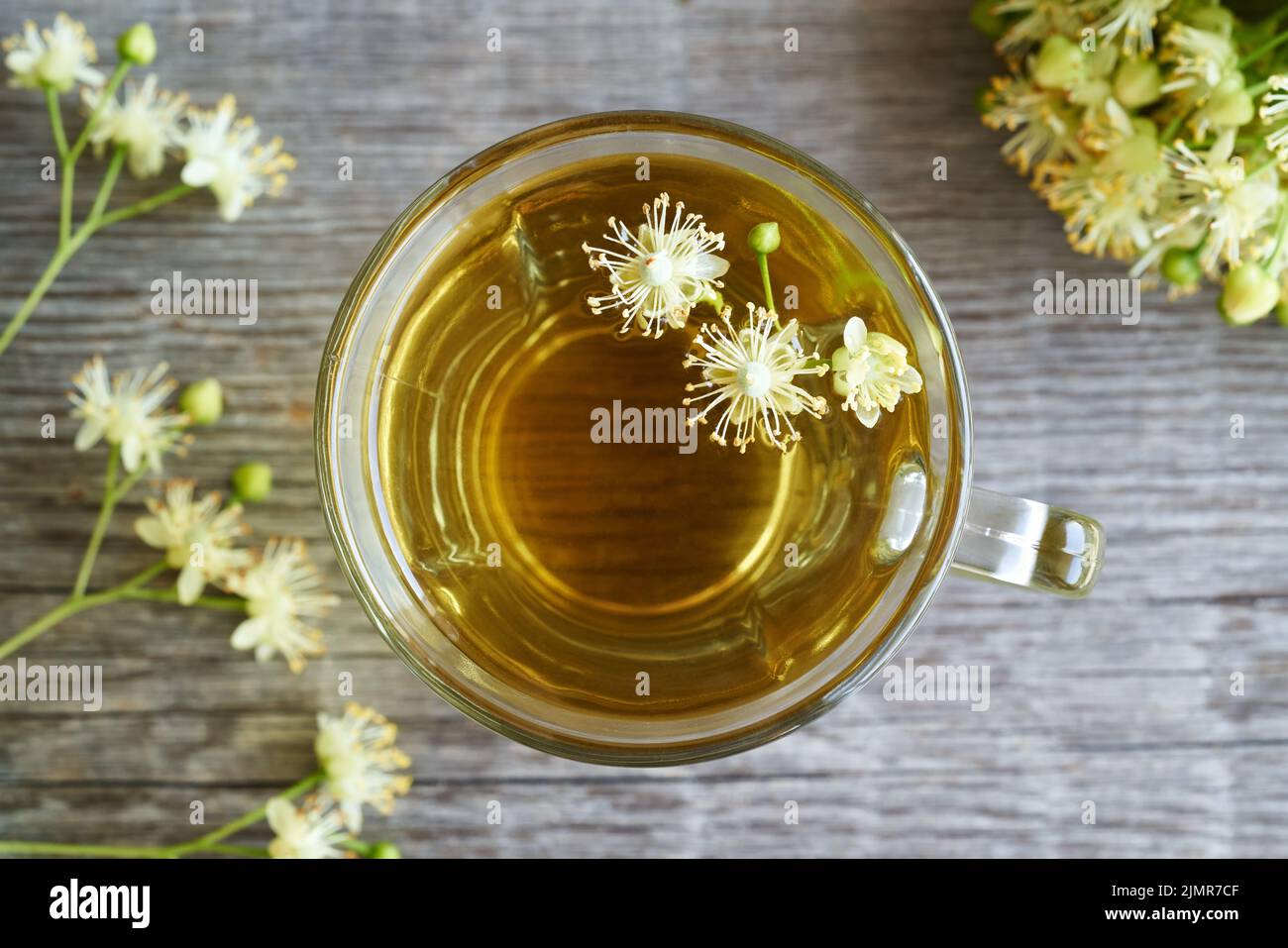 Fresh linden or Tilia cordata flowers in a cup of herbal tea, top view ...