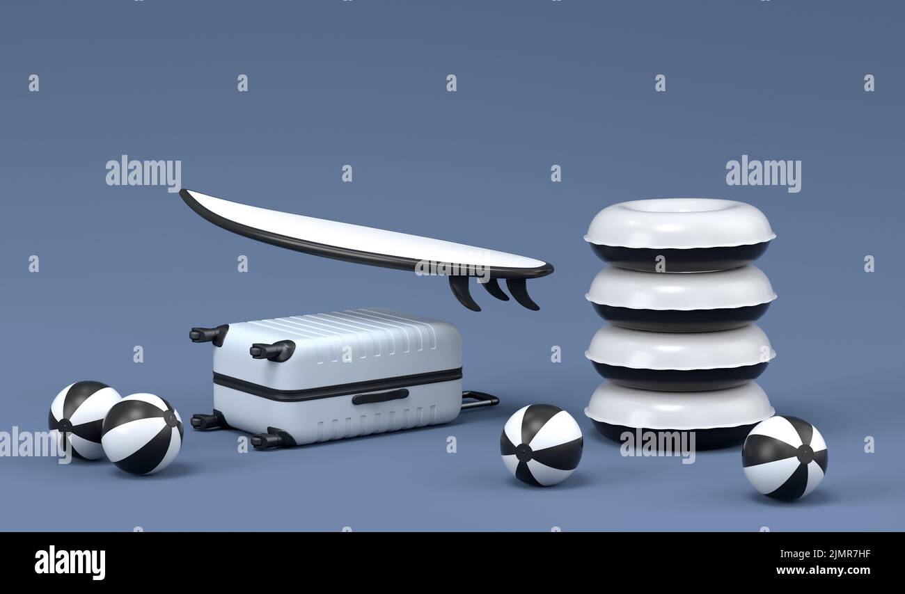 Colorful surfboard, beach rings and balls on black and white background ...