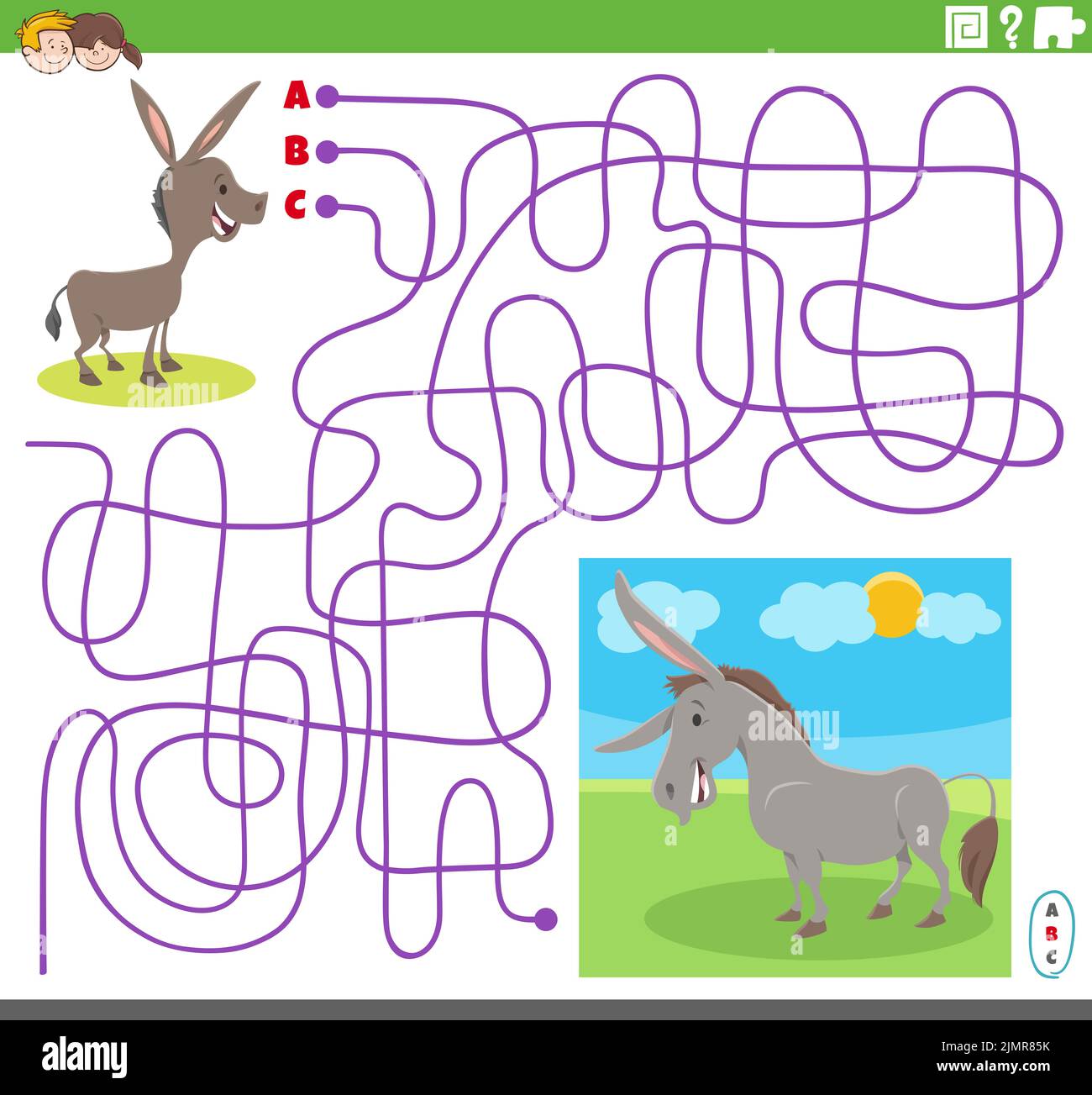 Maze game with cartoon donkey character and cute little foal Stock ...