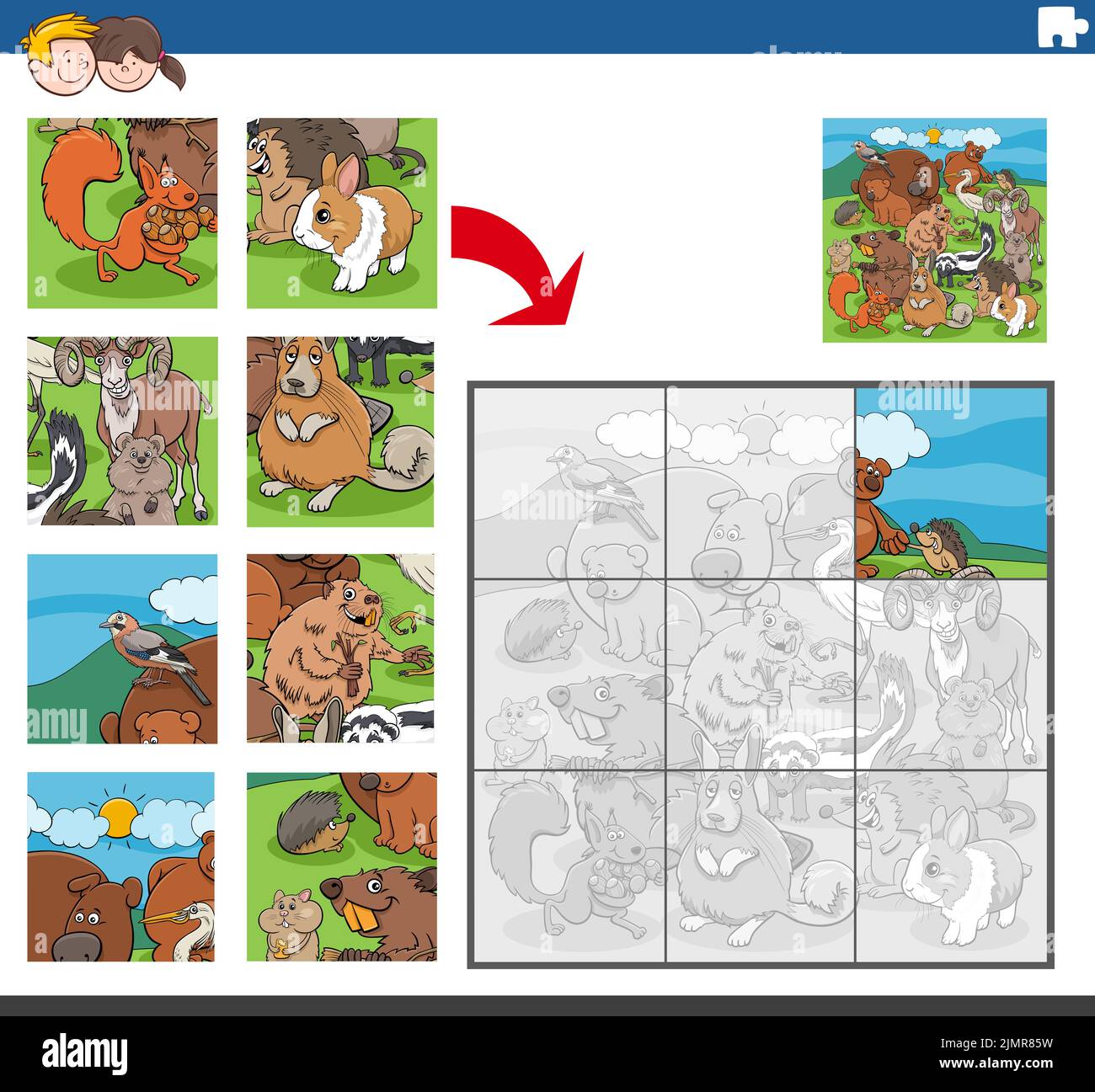 Jigsaw puzzle task with cartoon animal characters group Stock Photo - Alamy