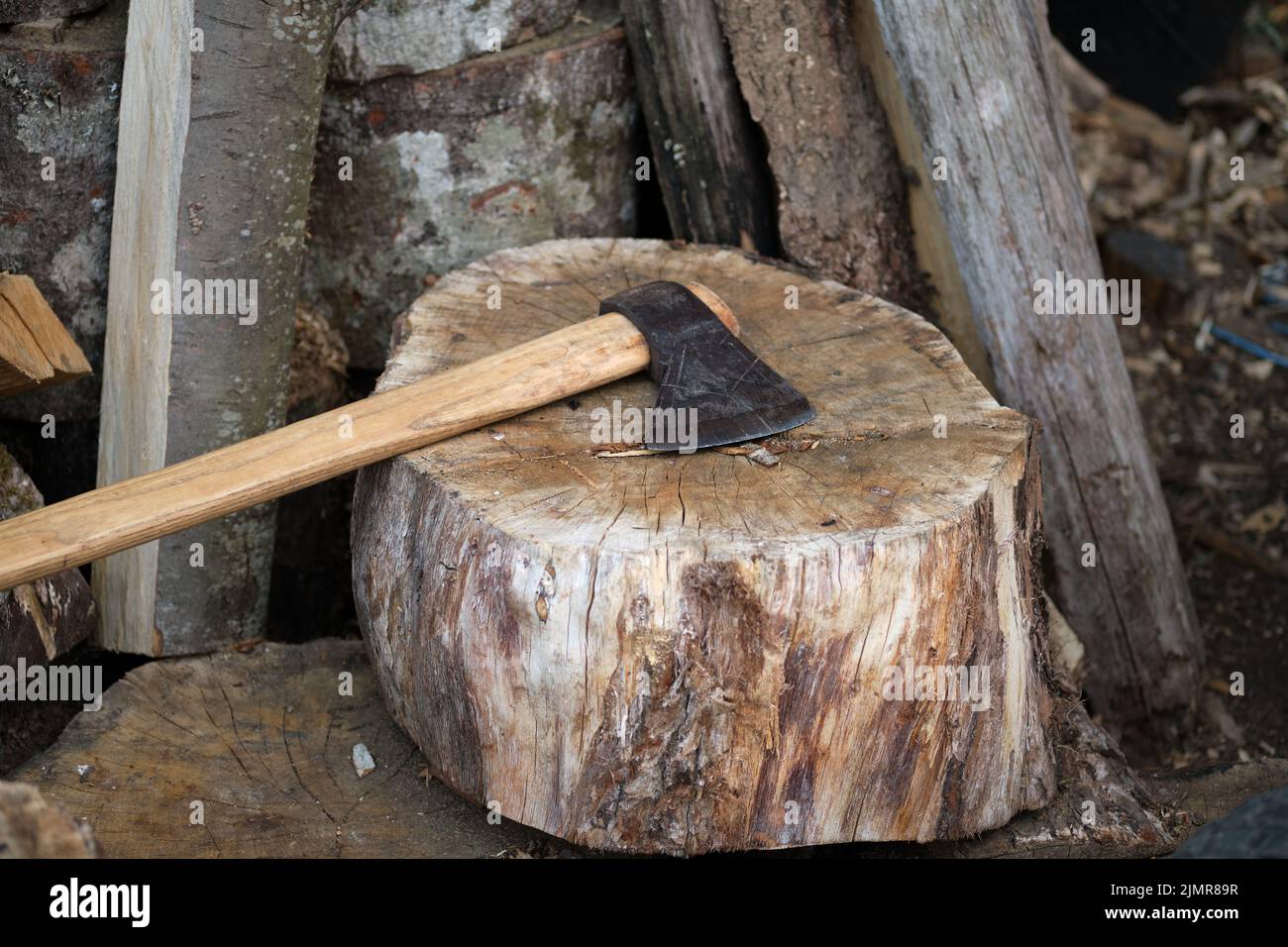 Close-up of a splitting axe and a cutting log Stock Photo - Alamy