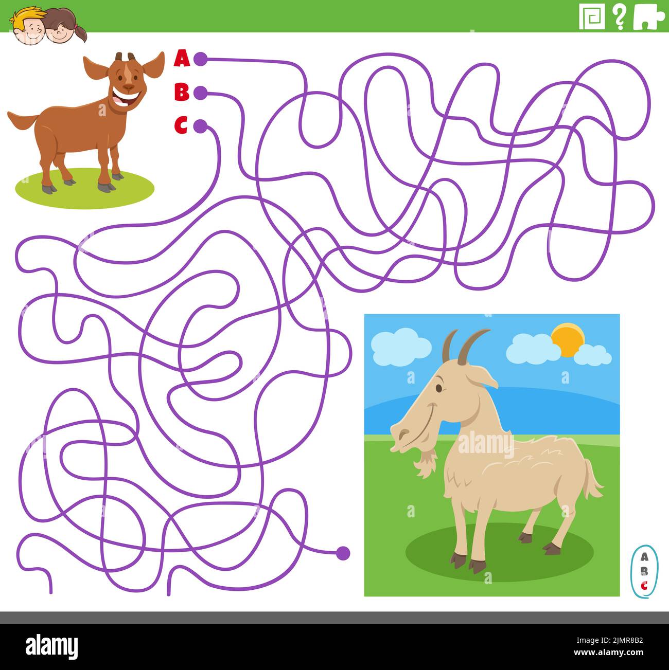 Maze game with cartoon goat character and little kid Stock Photo - Alamy