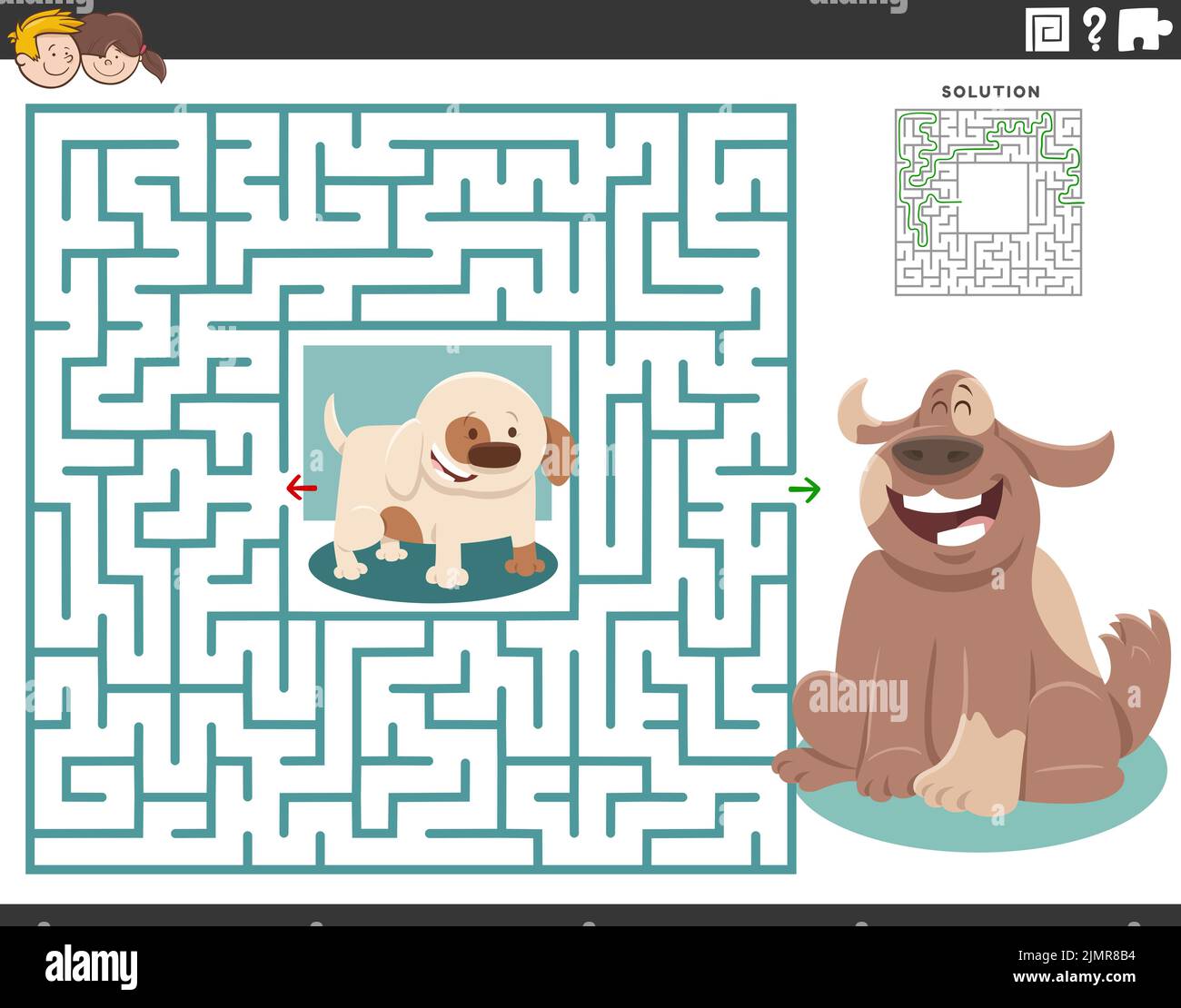 Maze game with cartoon adult dog and little puppy Stock Photo - Alamy