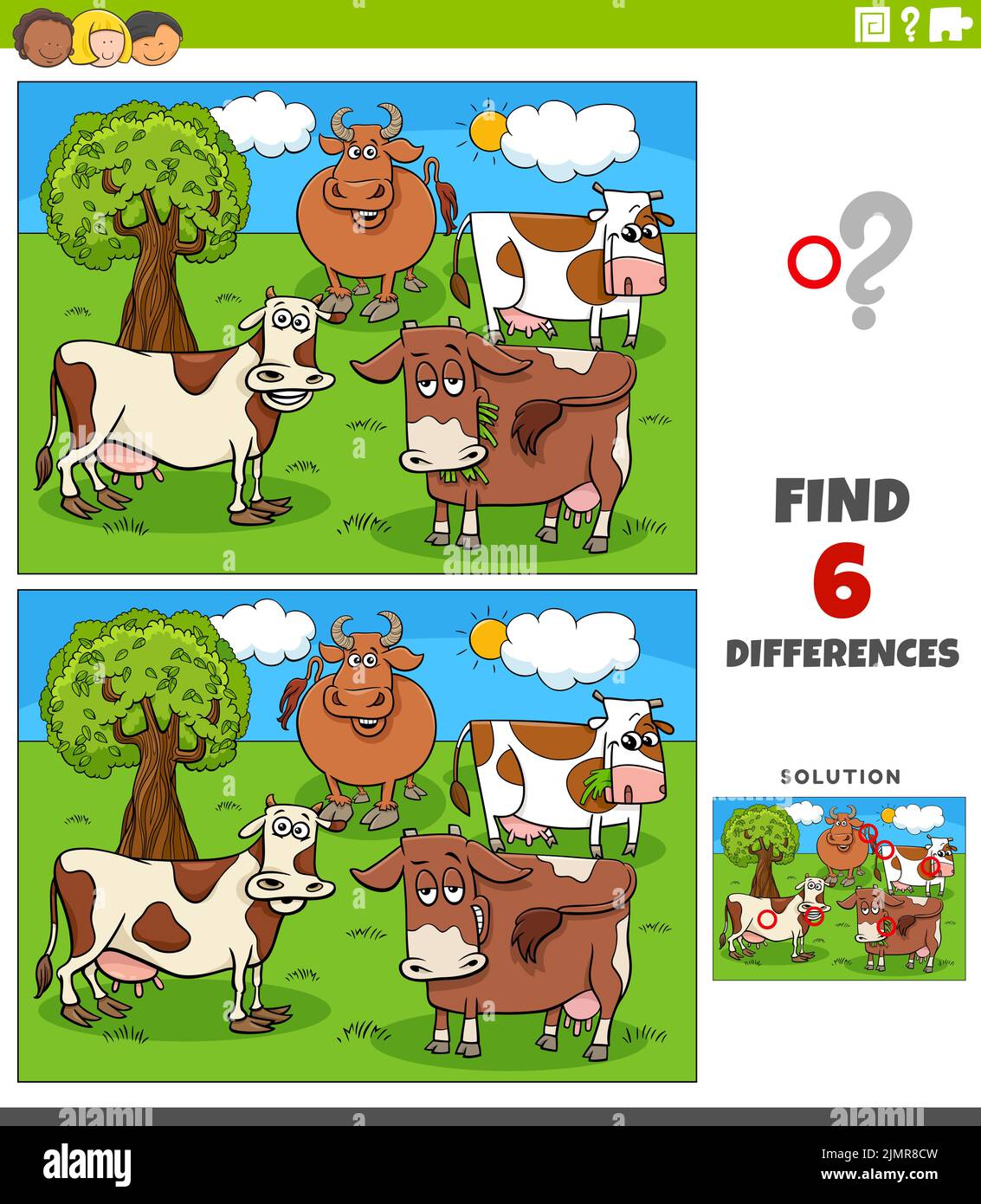 Differences game with cartoon cows farm animal characters Stock Photo ...