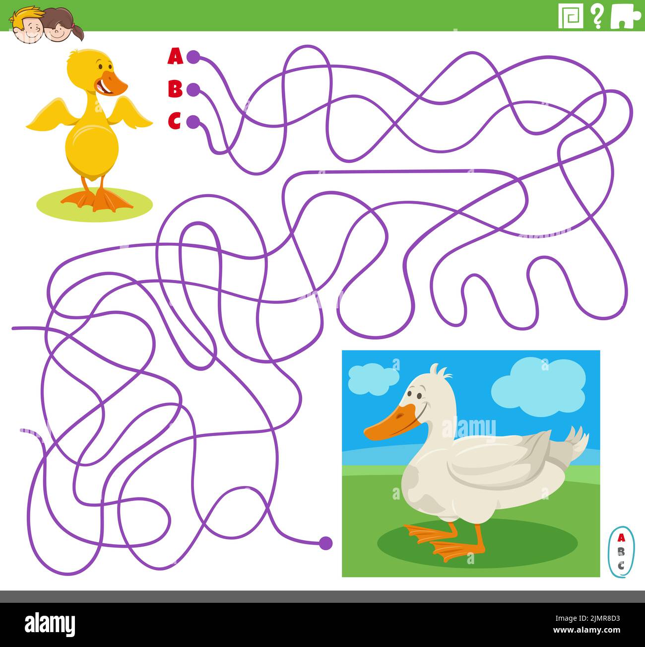 Maze game with cartoon duck character and little duckling Stock Photo ...