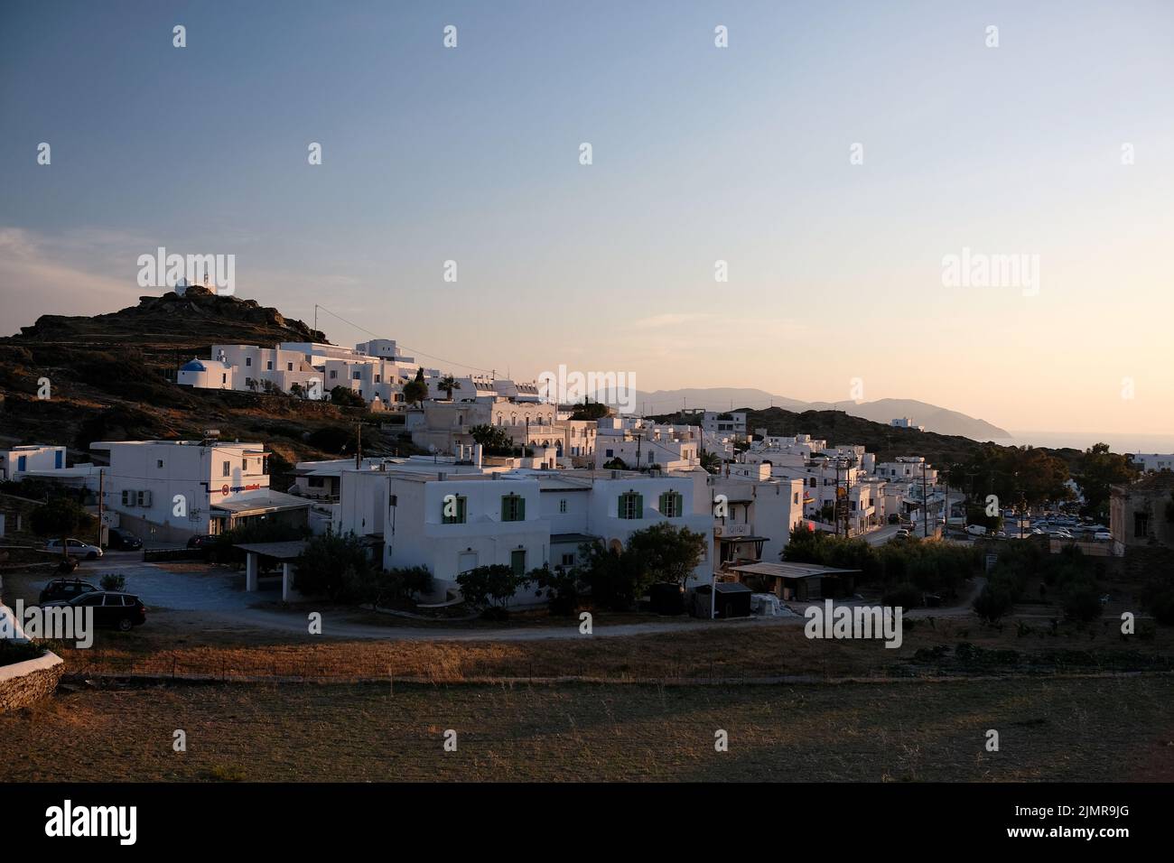 Great view of the whitewashed village, also known as chora, in Ios ...