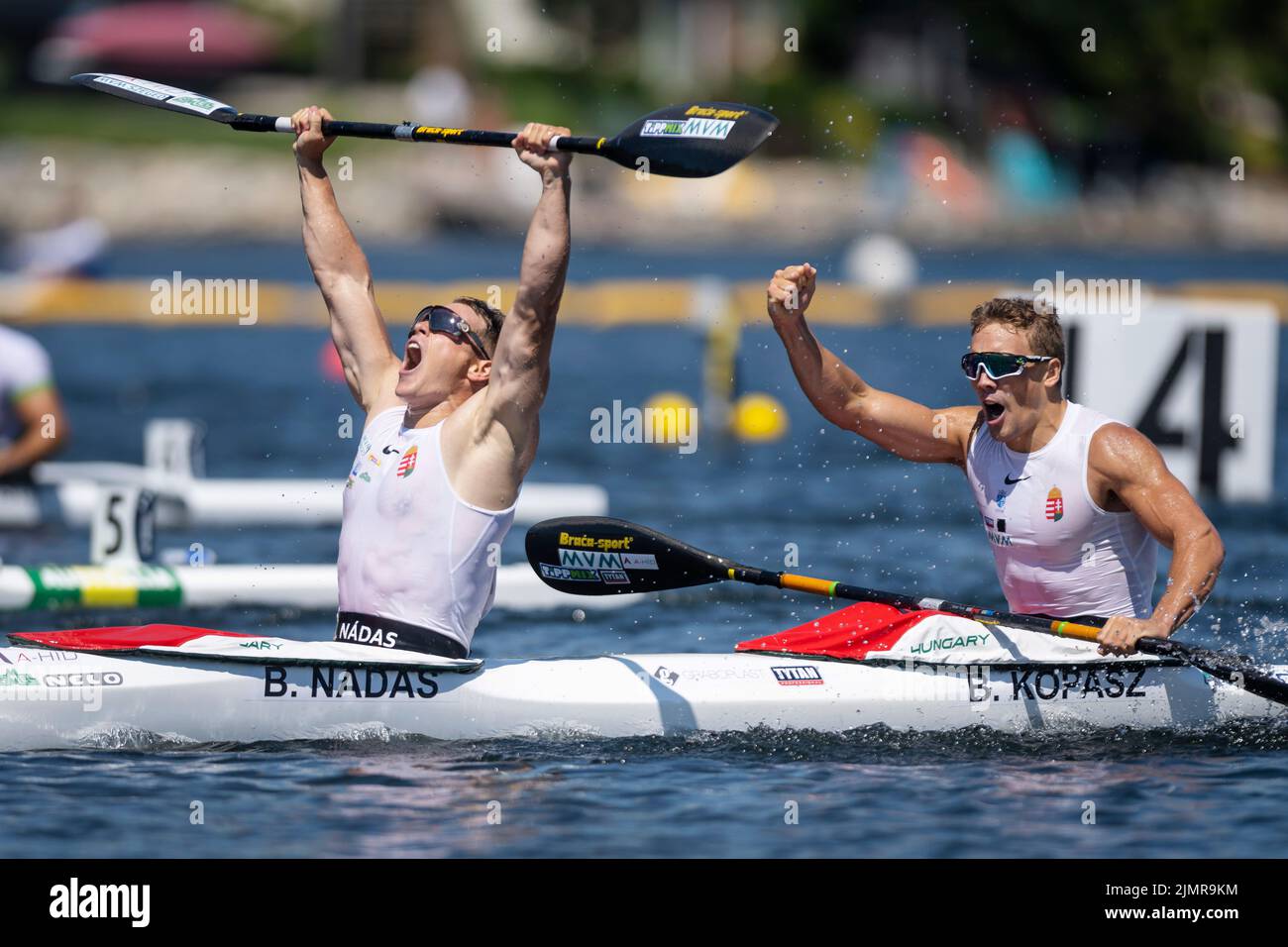 Bence Nadas, left, and teammate Balint Kopasz, of Hungary, react after ...