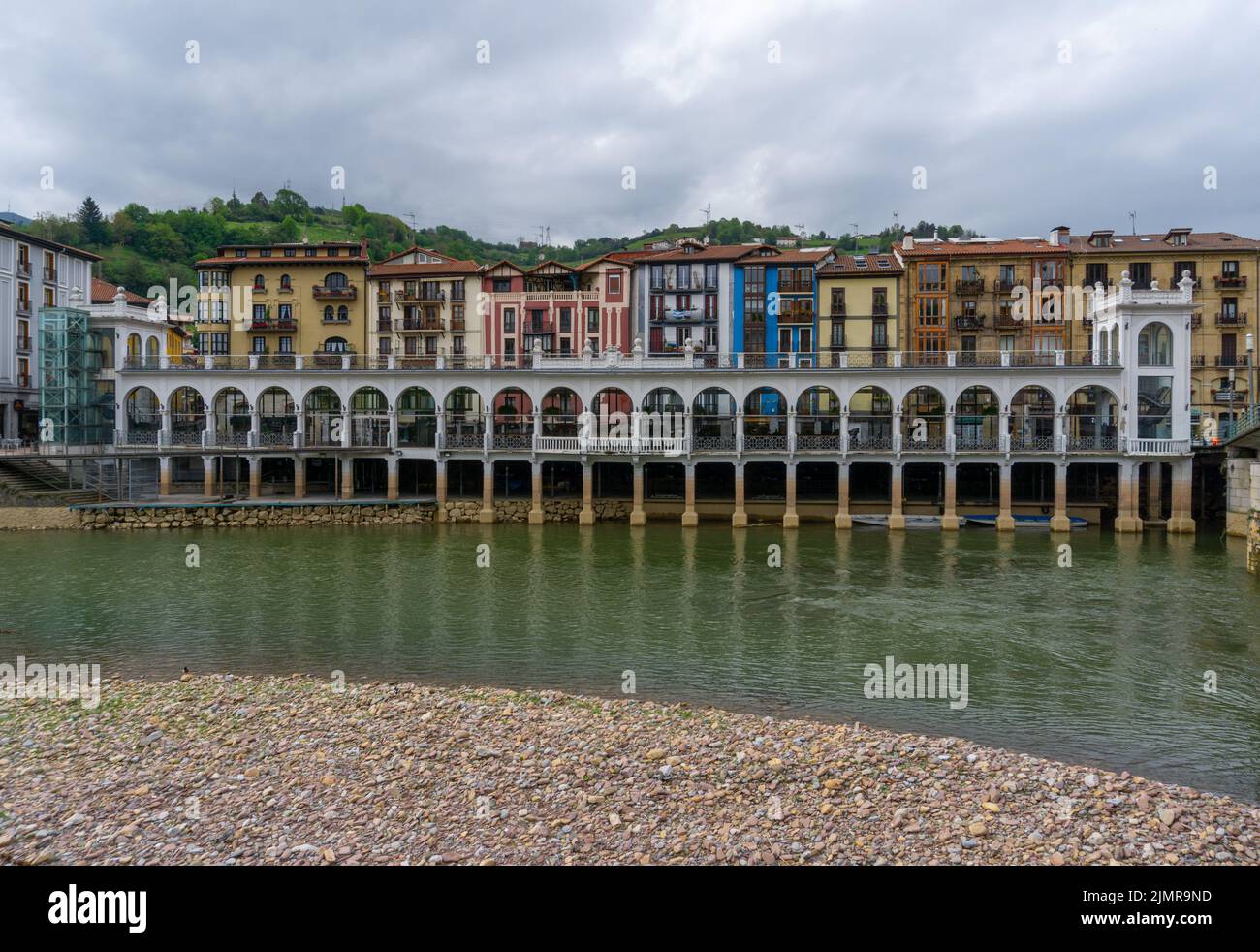 View of the historic city center of Tolosa and the Oria River in the ...