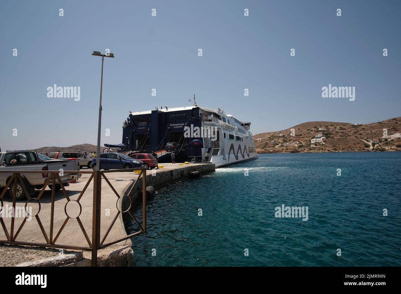 Ios, Greece - June 9, 2021 : View of a big ferry boat approaching the ...