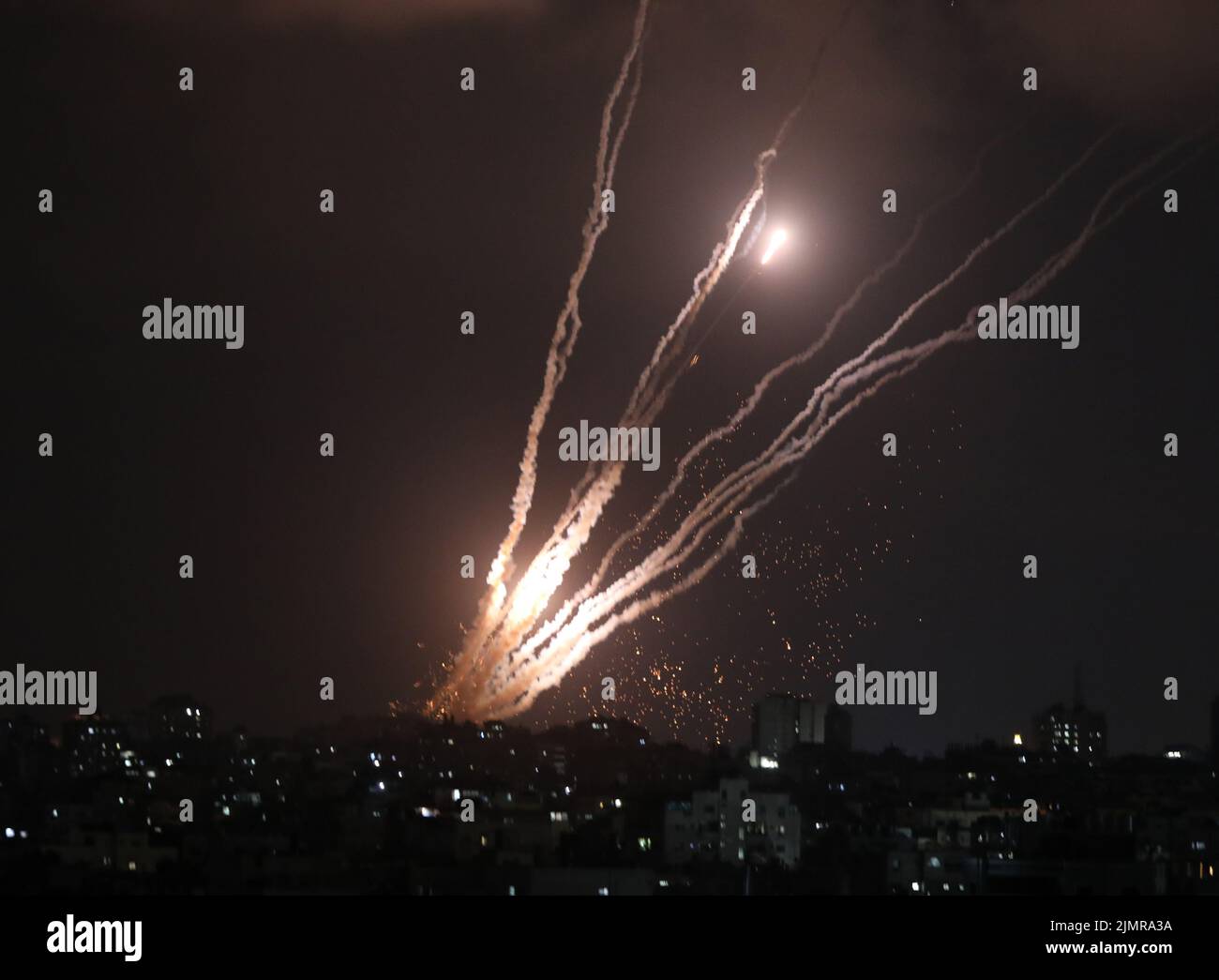 Gaza, Palestine. 6th Aug, 2022. Rockets fired from Gaza City towards ...