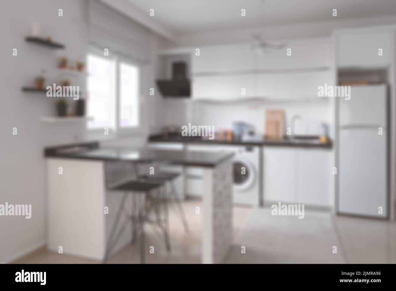 Defocused blurry interior of modern white kitchen Stock Photo - Alamy