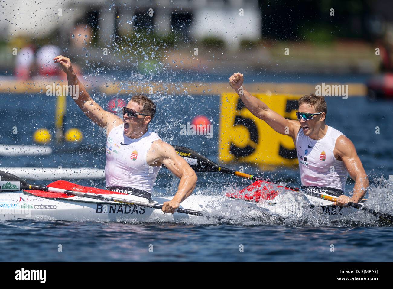 Bence Nadas, left, and teammate Balint Kopasz, of Hungary, react after ...