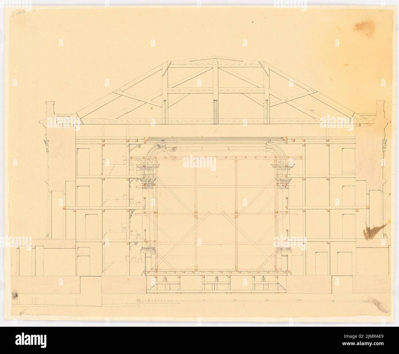 Elevation and cross section of an opera house this is hi-res stock ...