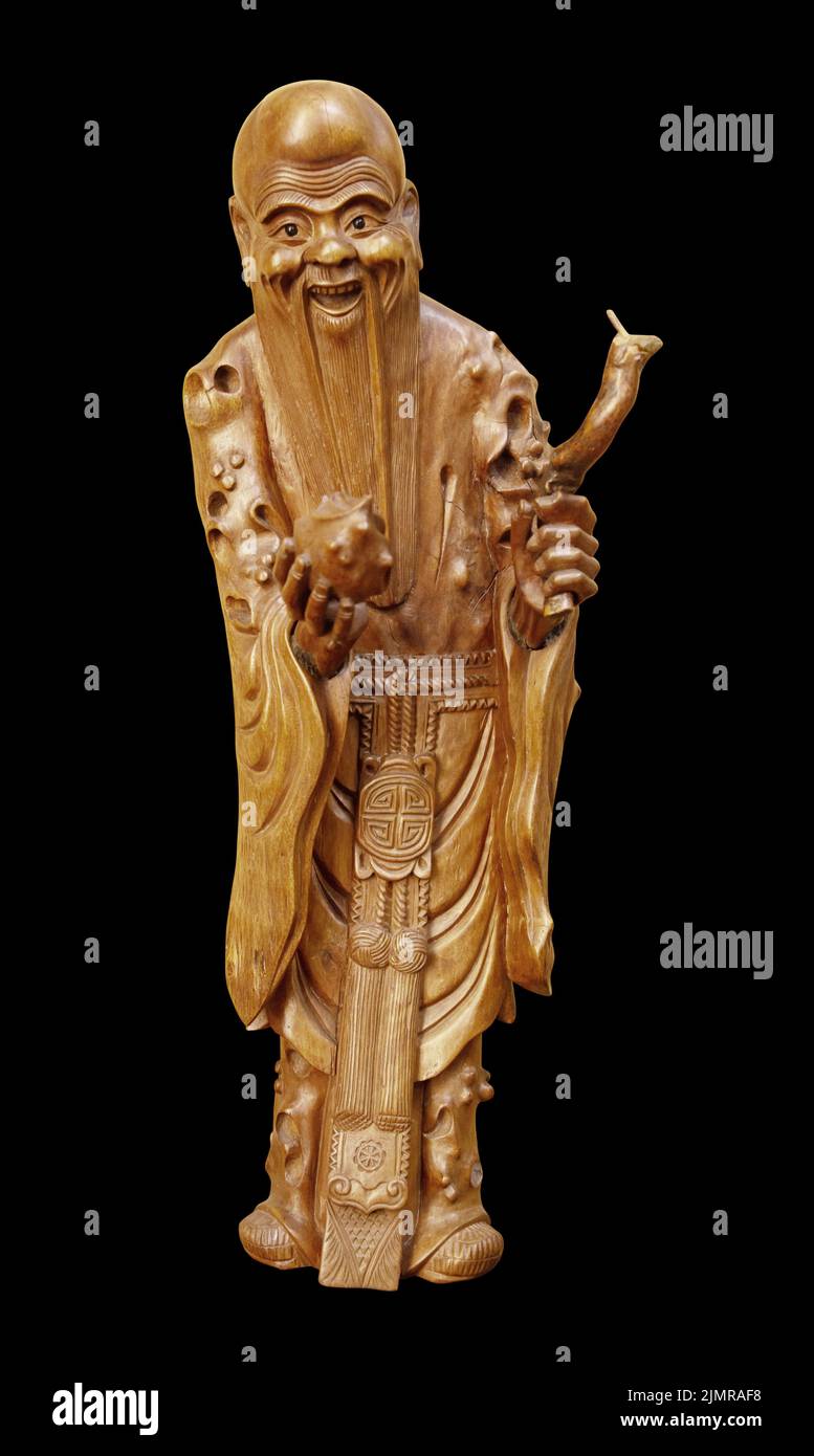 Wood statue of japan lucky god, God of prolonging life longevity ...