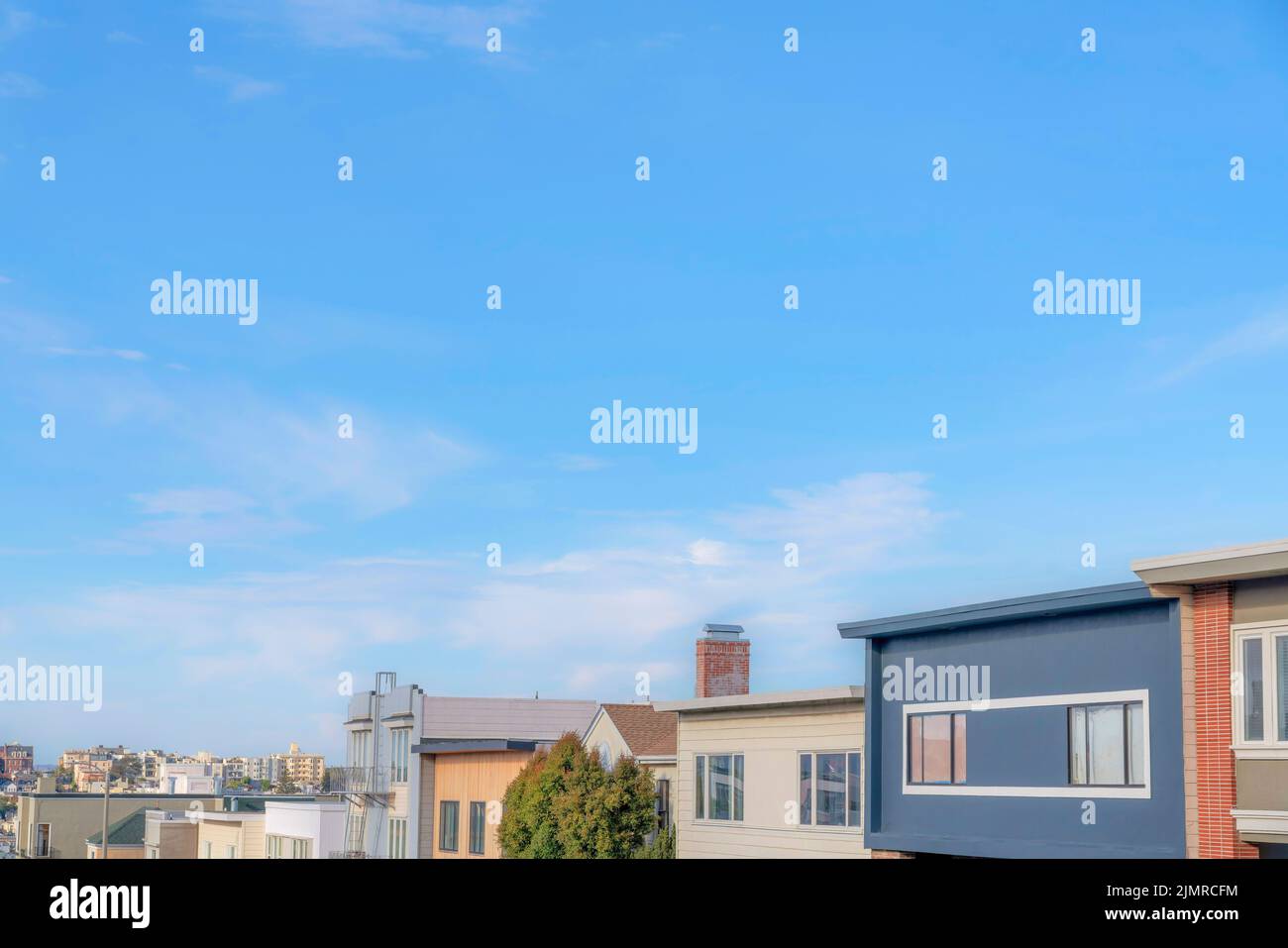 View of an upper part of a modern design townhouses in San Francisco ...