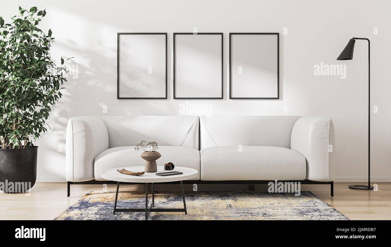 Blank poster frame mock up in scandinavian style living room interior ...