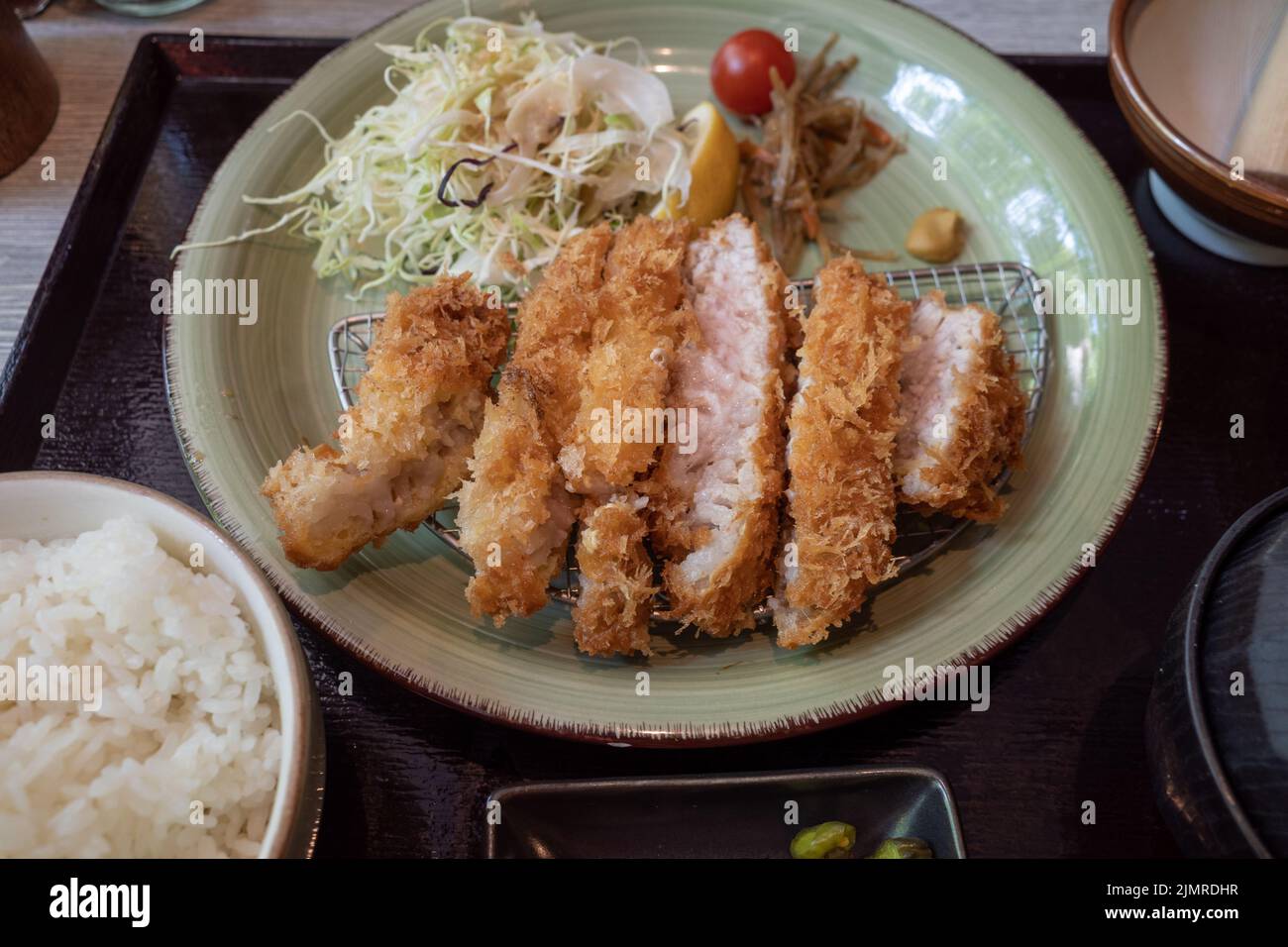 Top view of set menu, Tonkatsu, Deep fried pork with rice, soup and ...