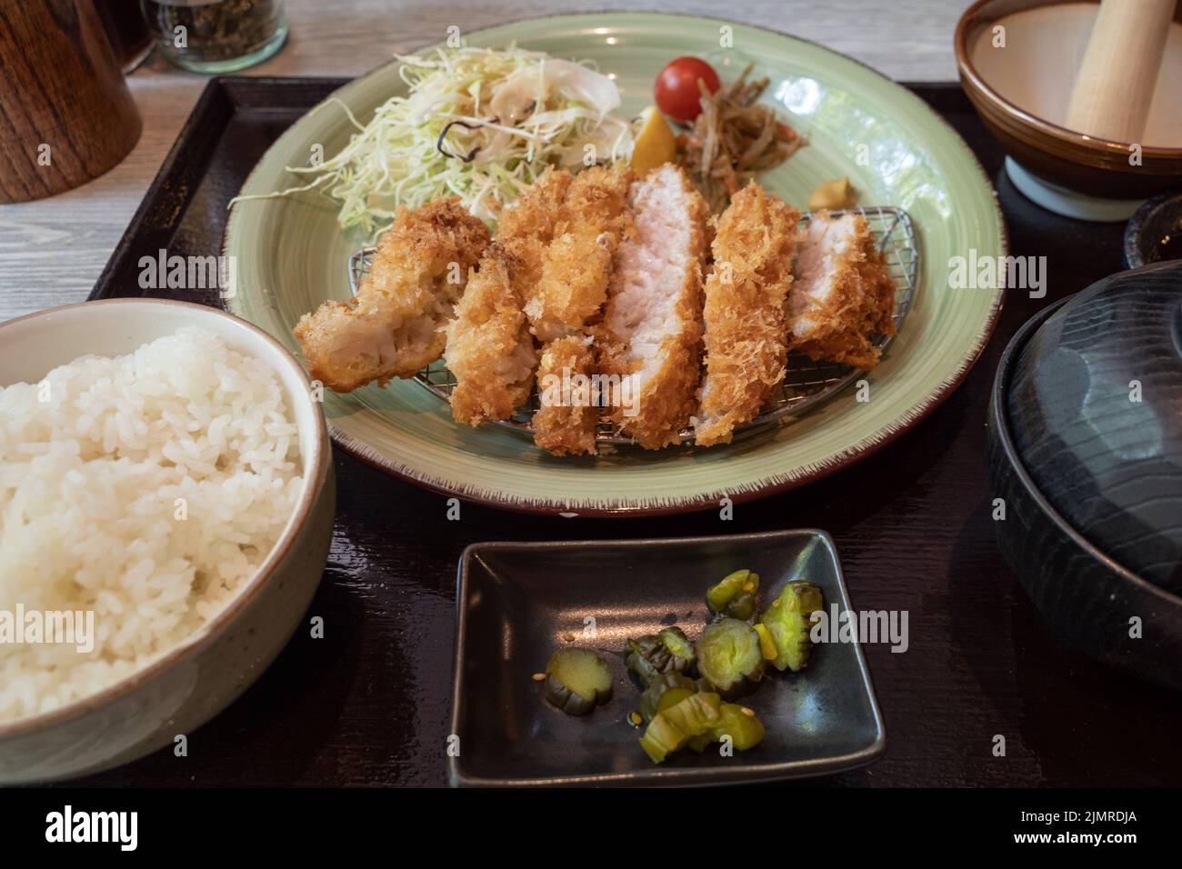 Top view of set menu, Tonkatsu, Deep fried pork with rice, soup and ...