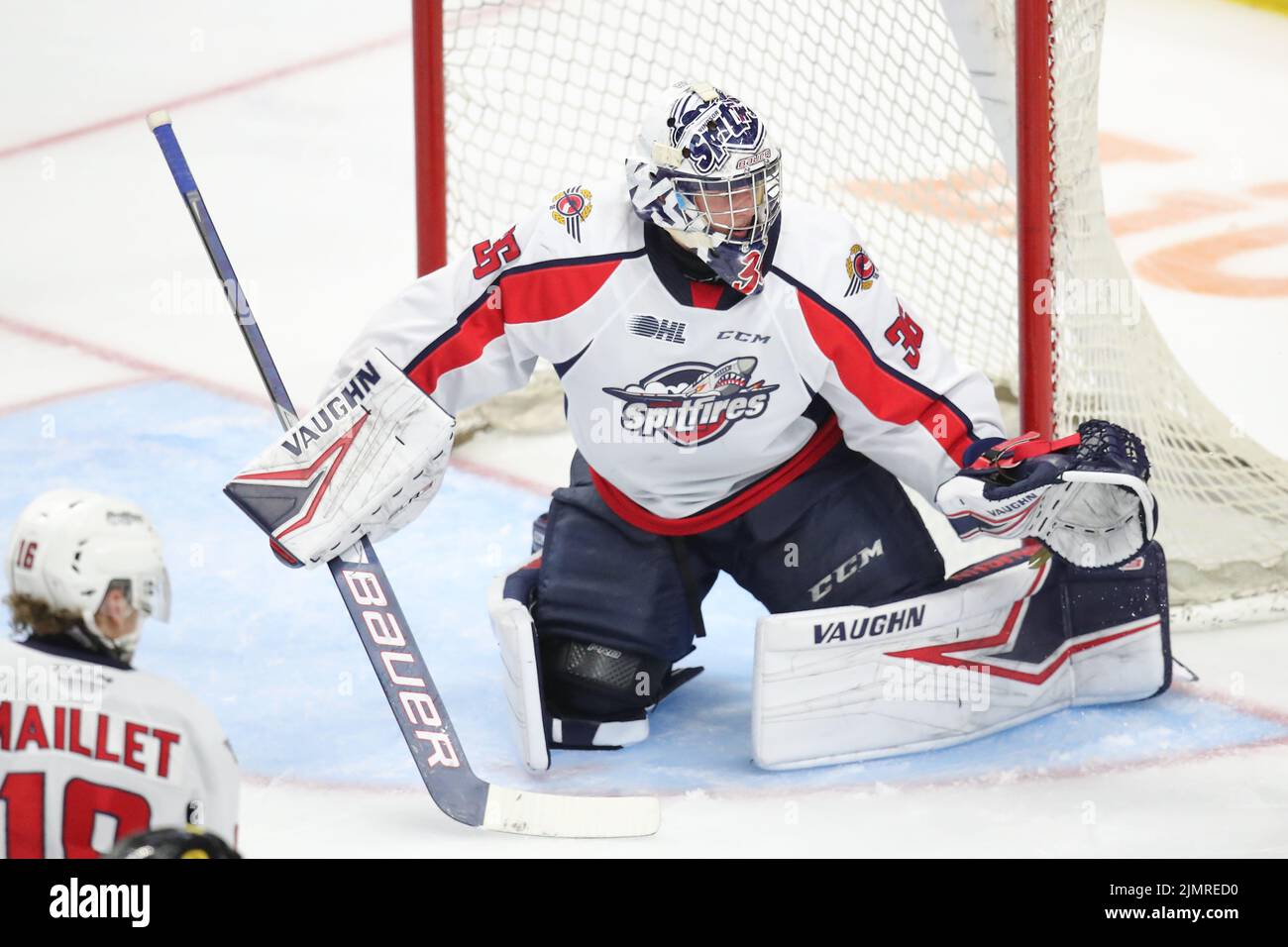 (Editorial Only) Mathias Onuska(36) of the Windsor Spitfires. Luke ...