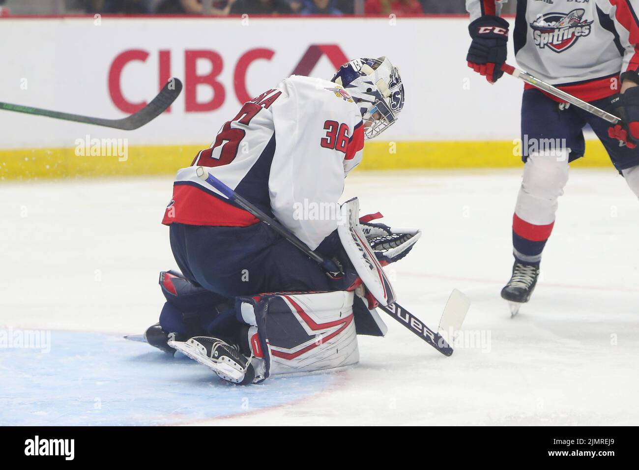 (Editorial Only) Mathias Onuska(36) of the Windsor Spitfires. Luke ...