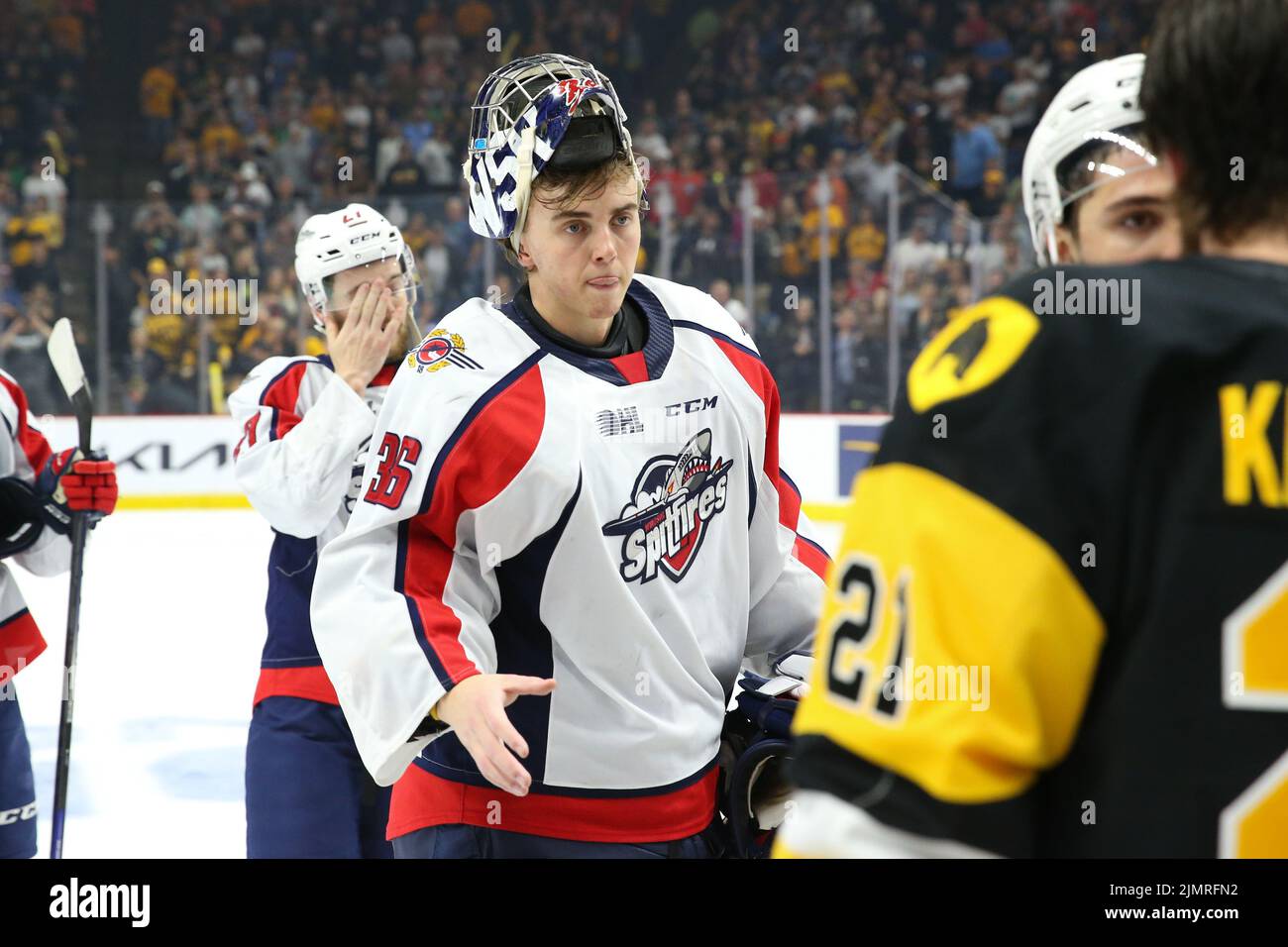 (Editorial Only) Mathias Onuska(36) of the Windsor Spitfires shakes ...