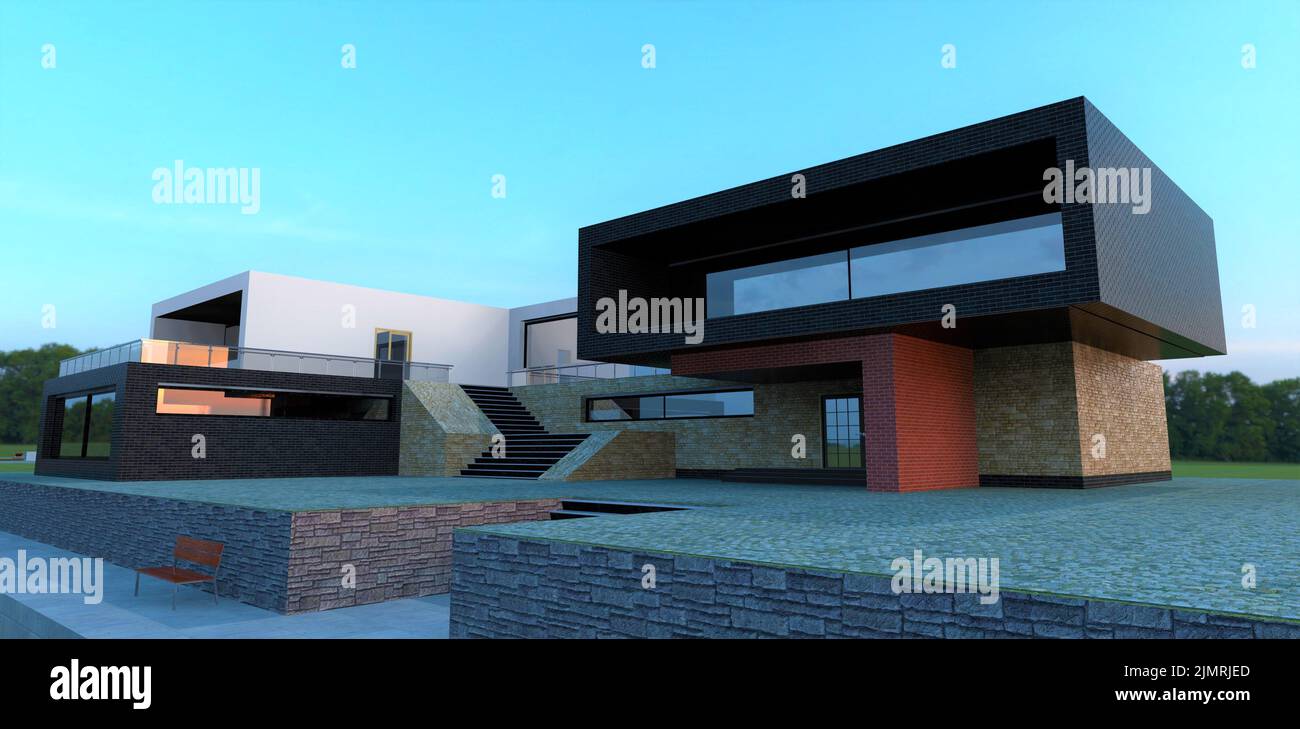 Futuristic architecture. The concept of a spacious technological house ...