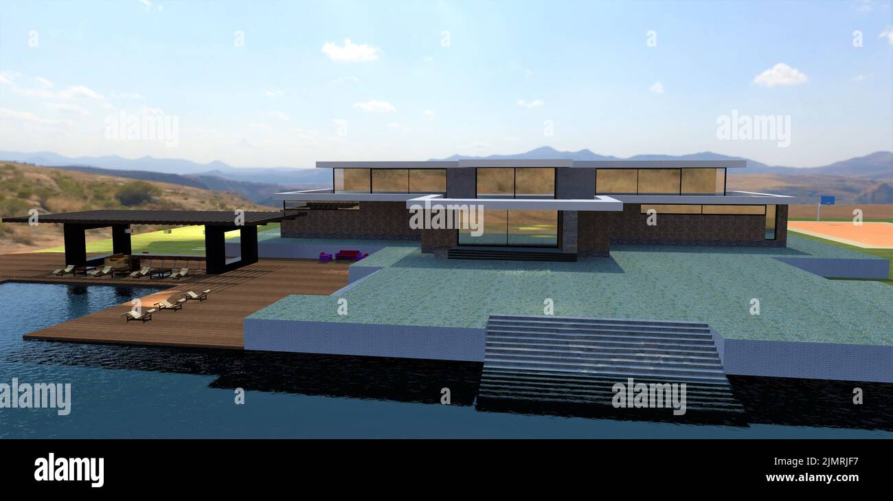Large modern villa. Patio with pool and wooden terrace. Basketball ...