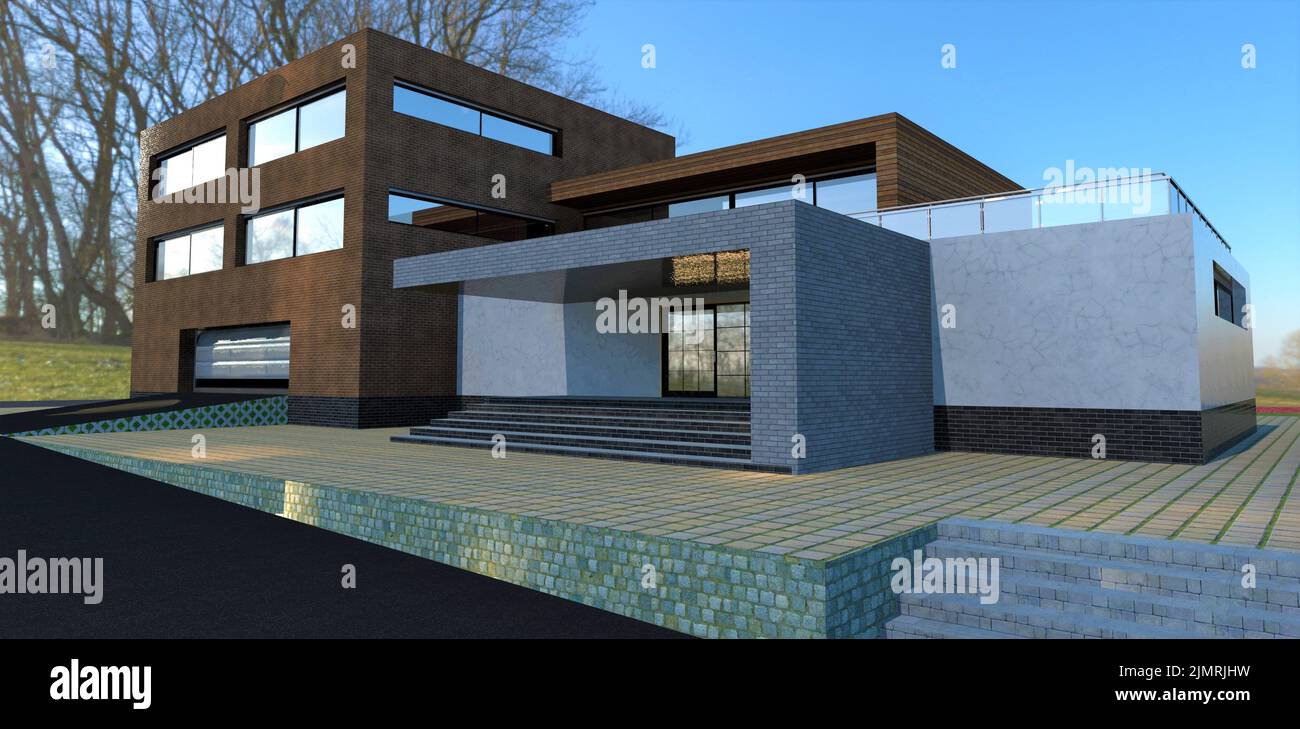 Modern three-story house. Asphalt entrance to the garage. Concrete ...